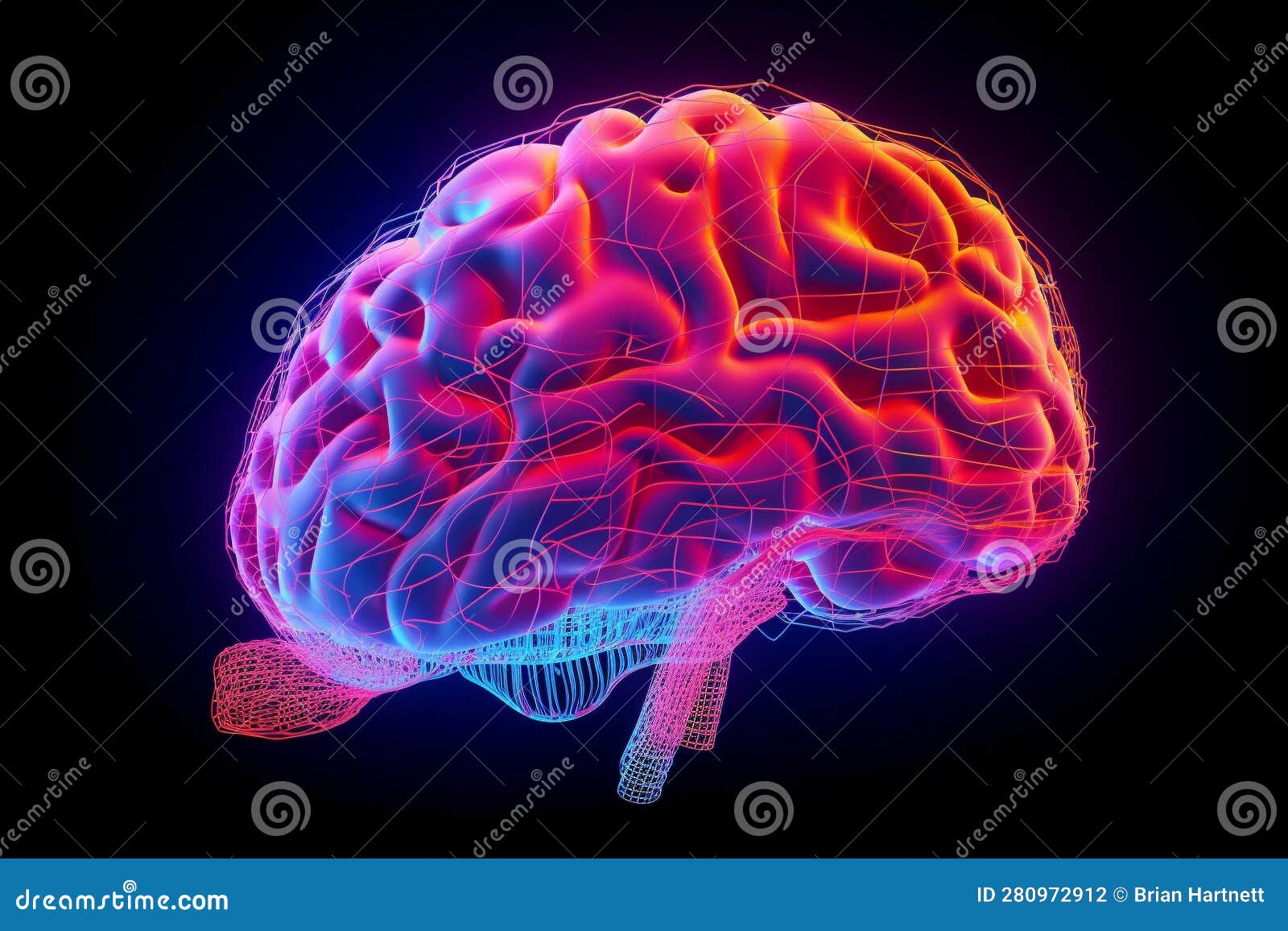 A Neon Wire Frame Brain, Generative AI Stock Illustration ...