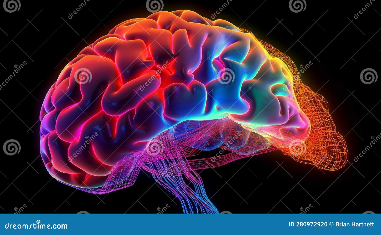 A Neon Wire Frame Brain, Generative AI Stock Illustration ...