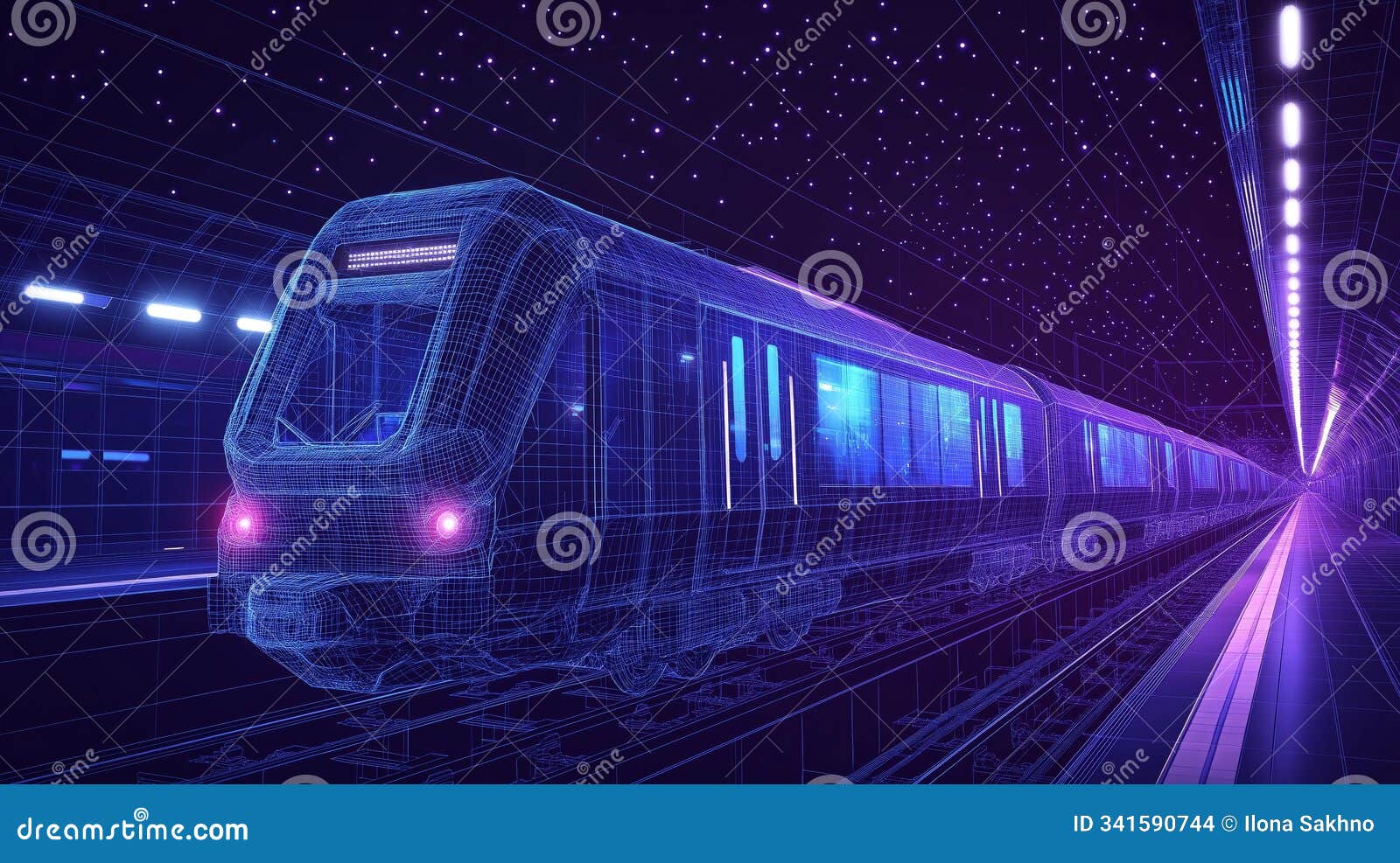Wireframe Of A Train And Rail In Black Background With Glow Effect ...