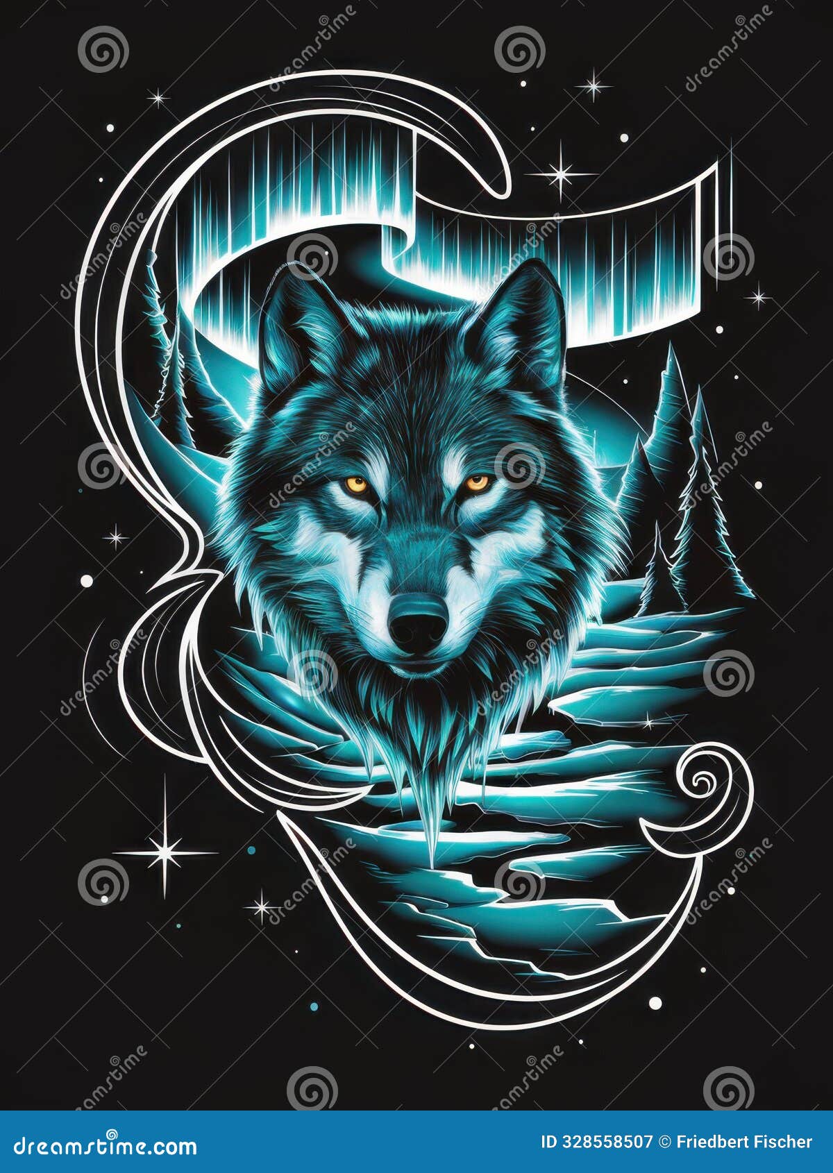 Neon Wolf with Northern Lights in Starry Forest Night Art Illustration ...