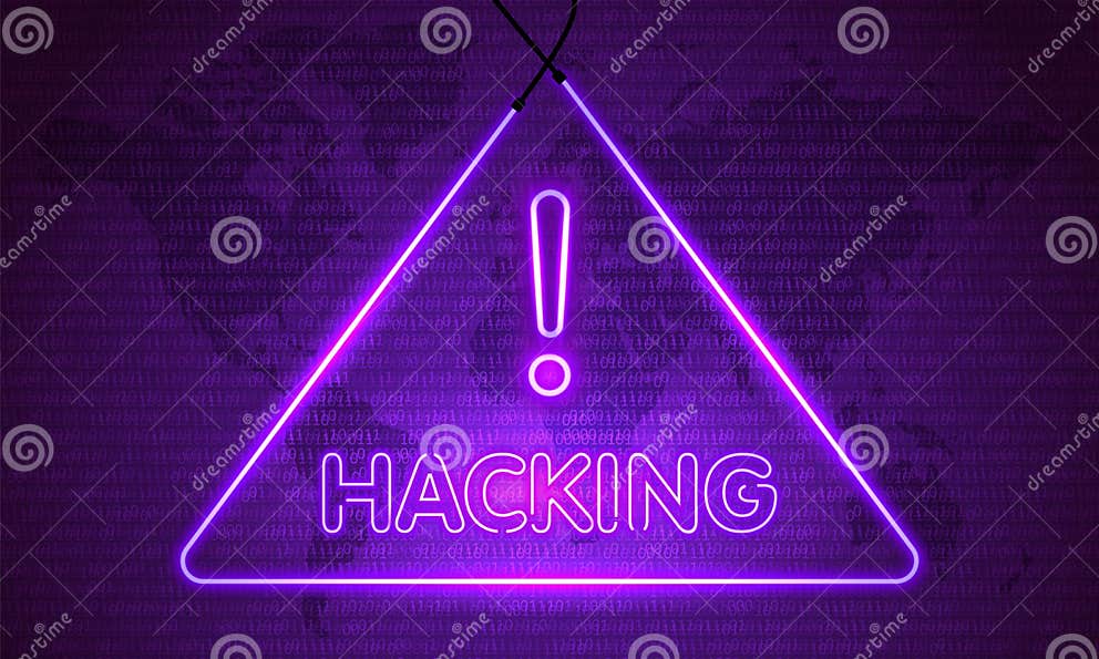 Neon Word Hacking. Symbol on Map Dark Purple Background. Security ...