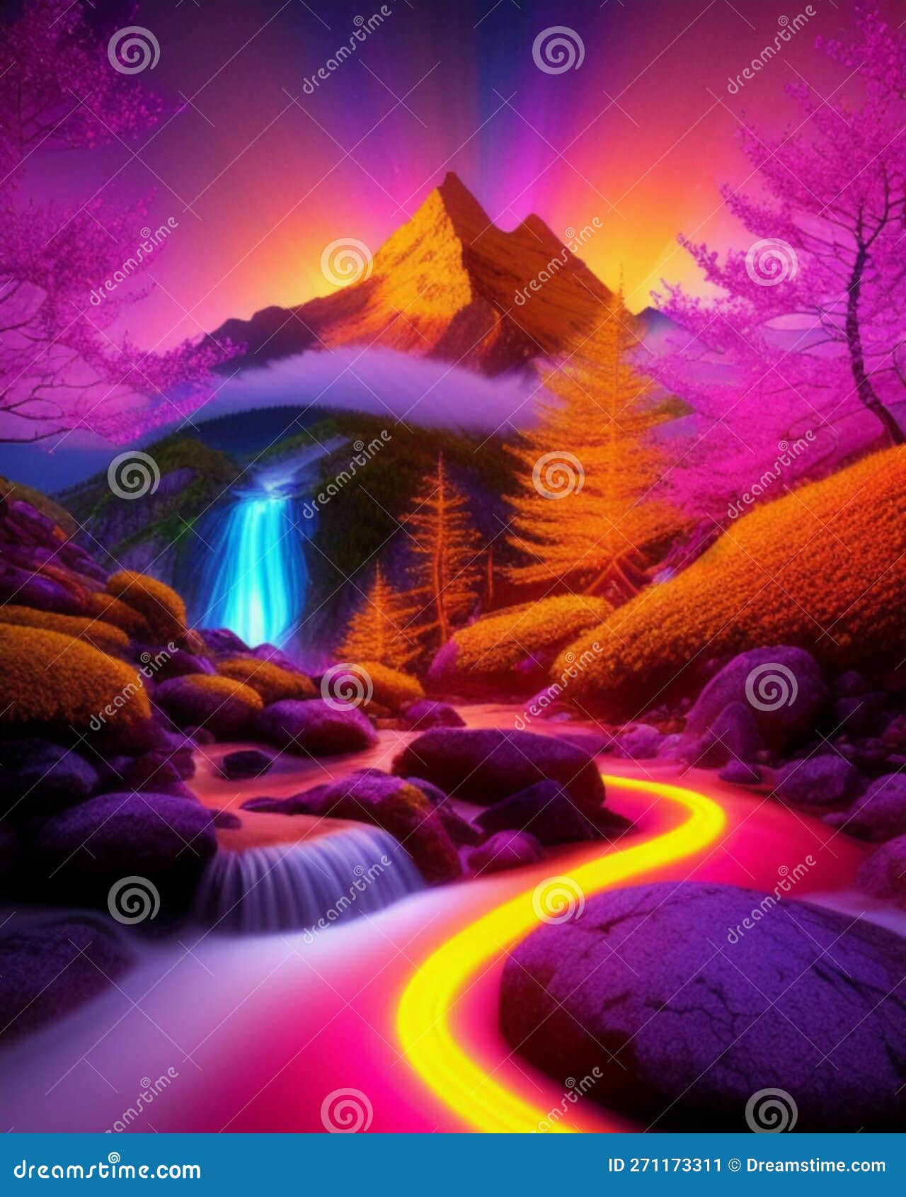 Neon World with Neon Flowing River Stock Illustration - Illustration of ...