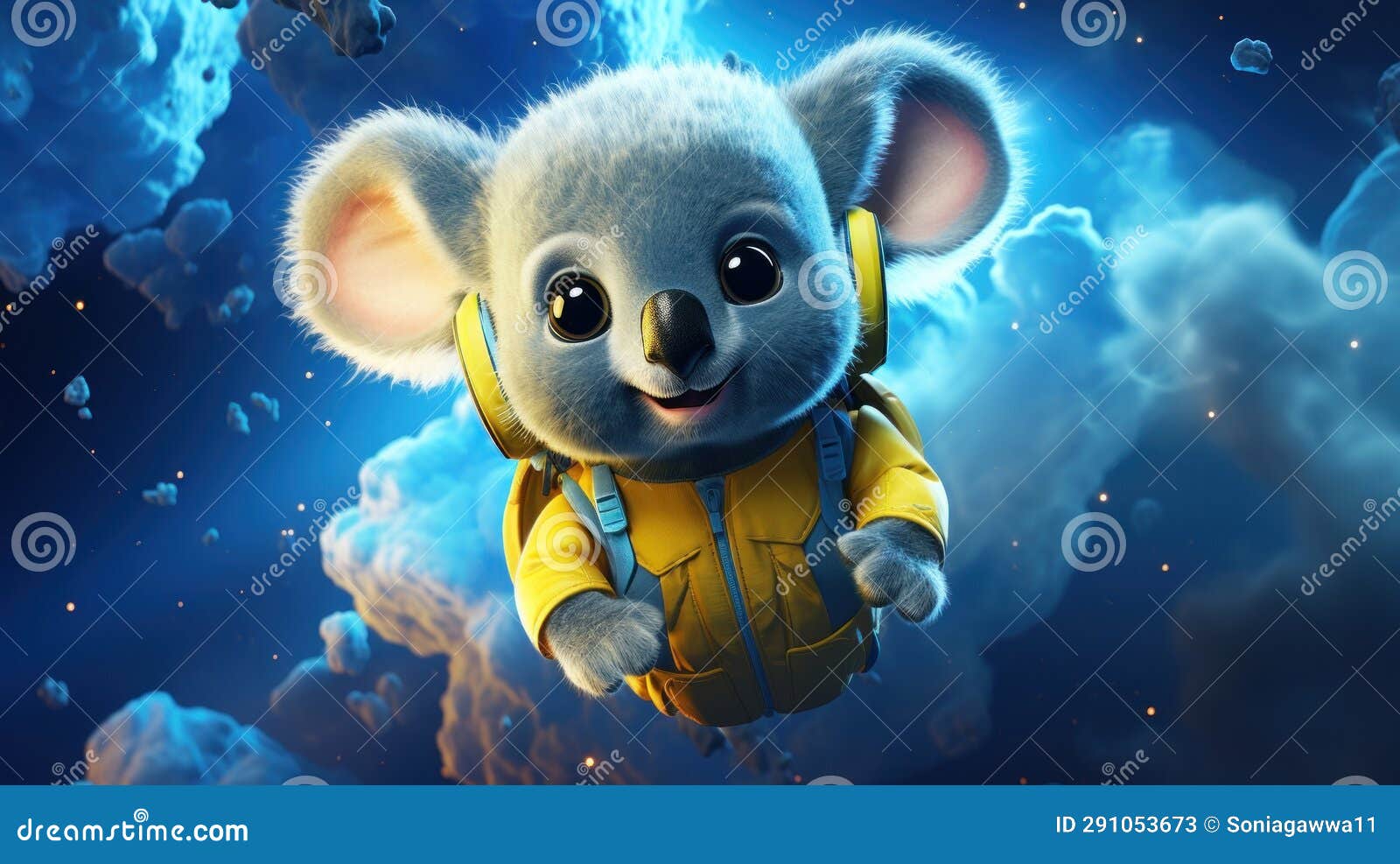 A Neon Yellow Space Koala Floating among Neon Blue Clouds in the ...