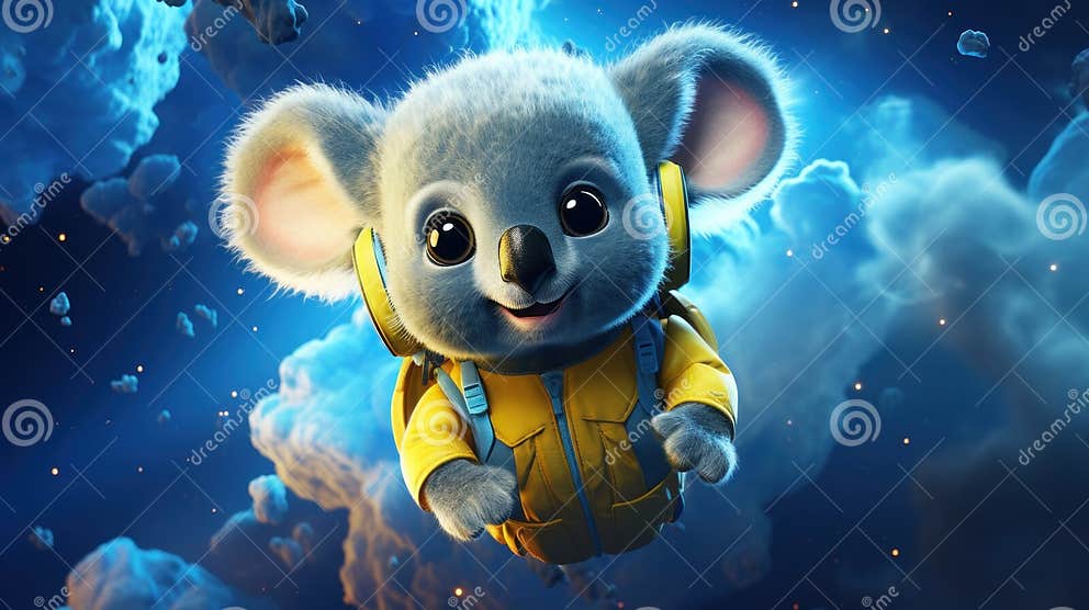 A Neon Yellow Space Koala Floating among Neon Blue Clouds in the ...