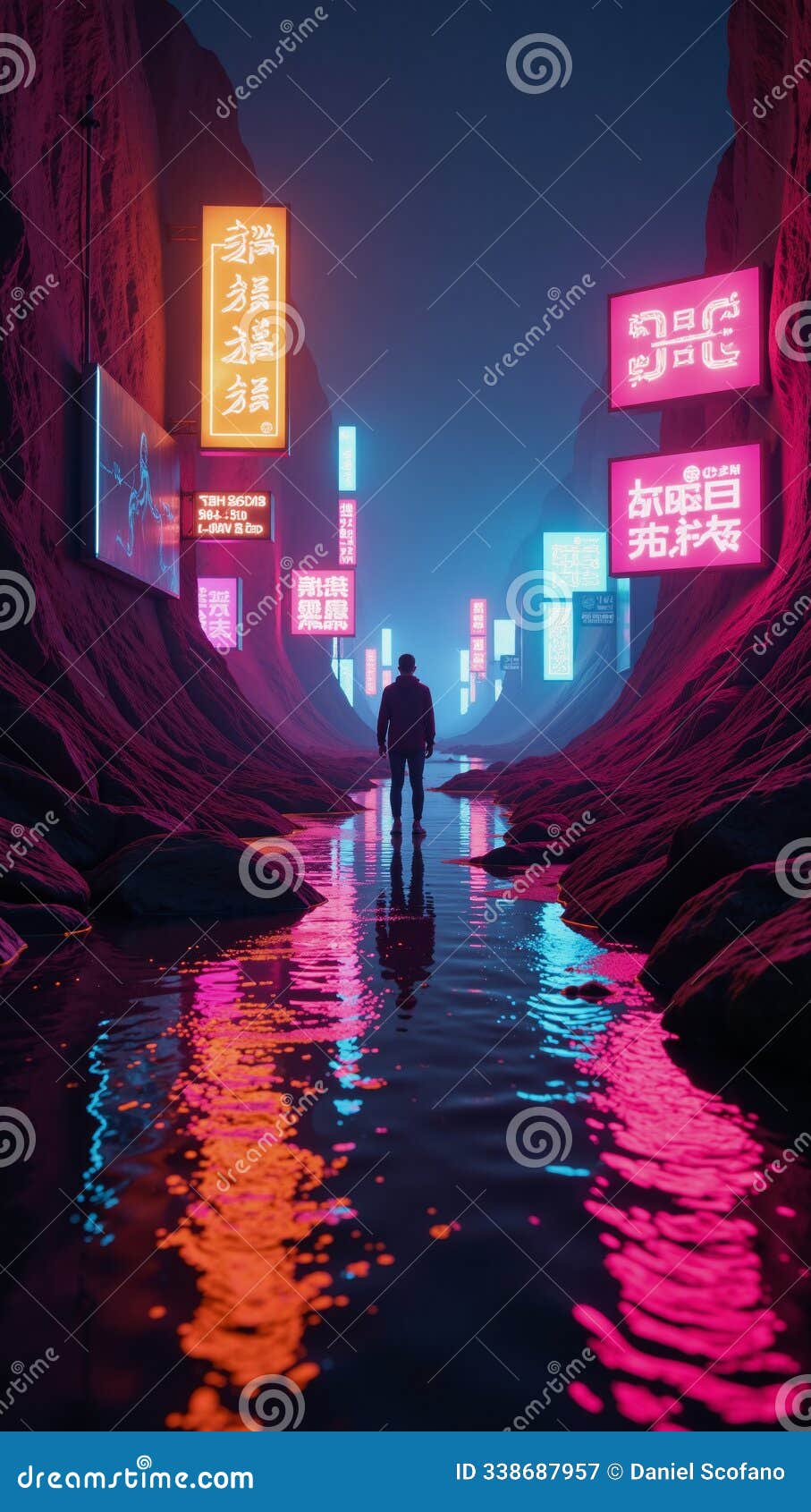 Neonlit Abstract Distorted Future Scene Stock Illustration ...