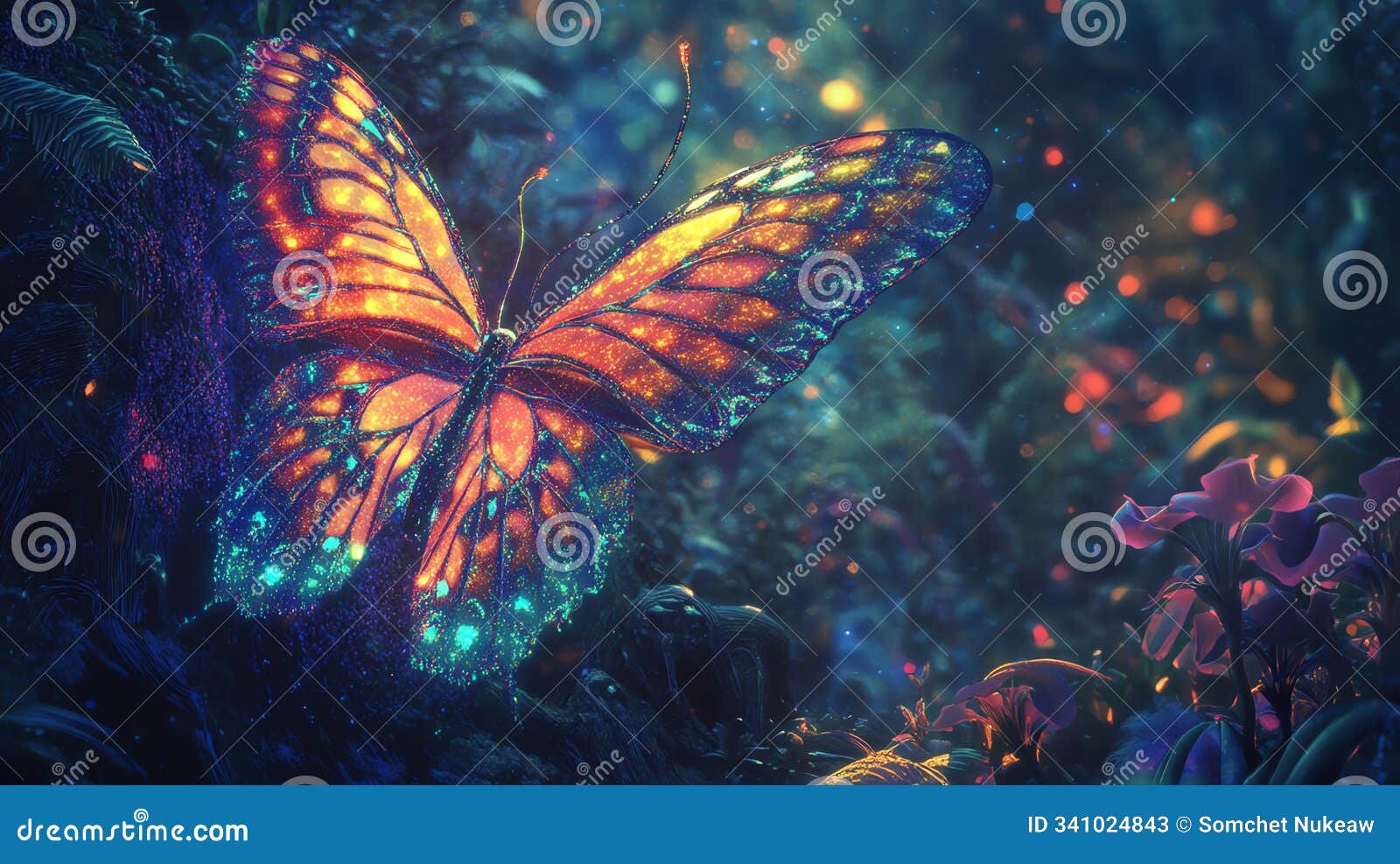 A Neonlit Butterfly With Holographic Wings Fluttering In A Digital ...