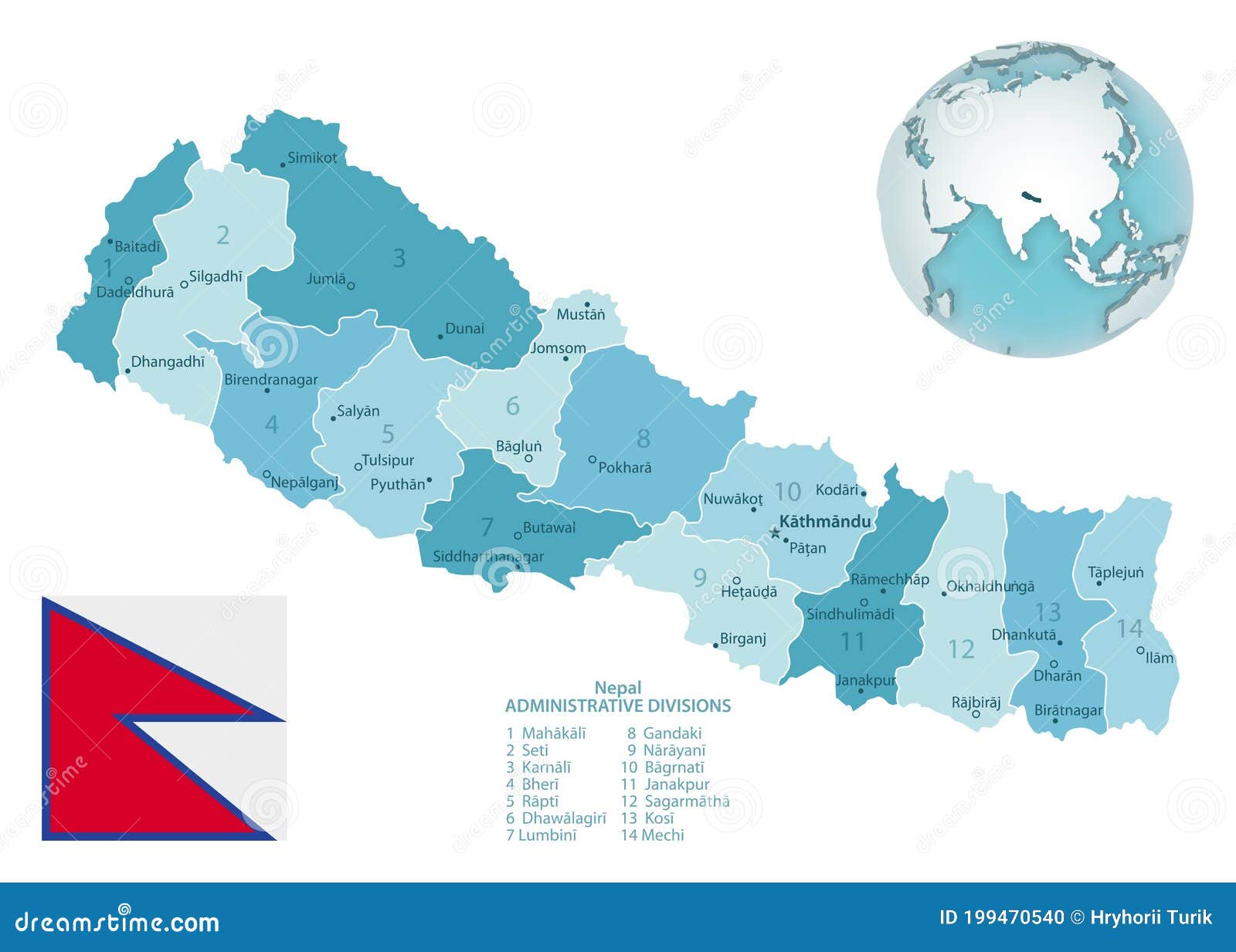 Nepal Administrative Blue-green Map with Country Flag and Location on a ...