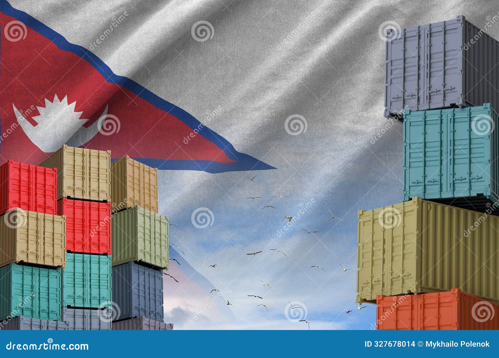 Nepal Flag and Big Stack of Shipping Cargo Containers in Docks with Sky ...