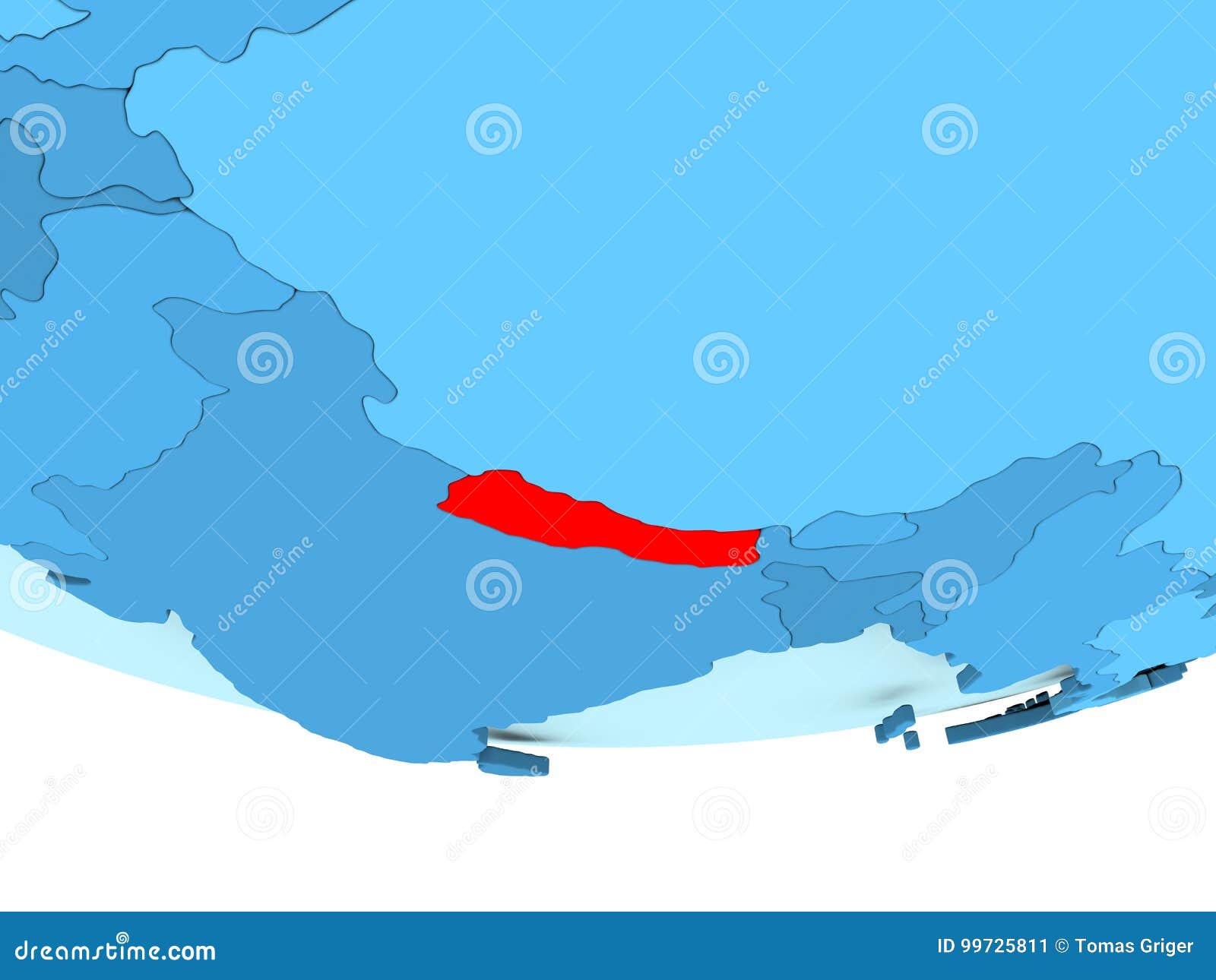 Nepal in red on blue map stock illustration. Illustration of political ...