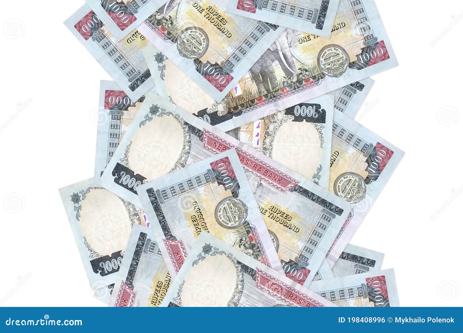 1000 Nepalese Rupees Bills Flying Down Isolated on White. Many ...