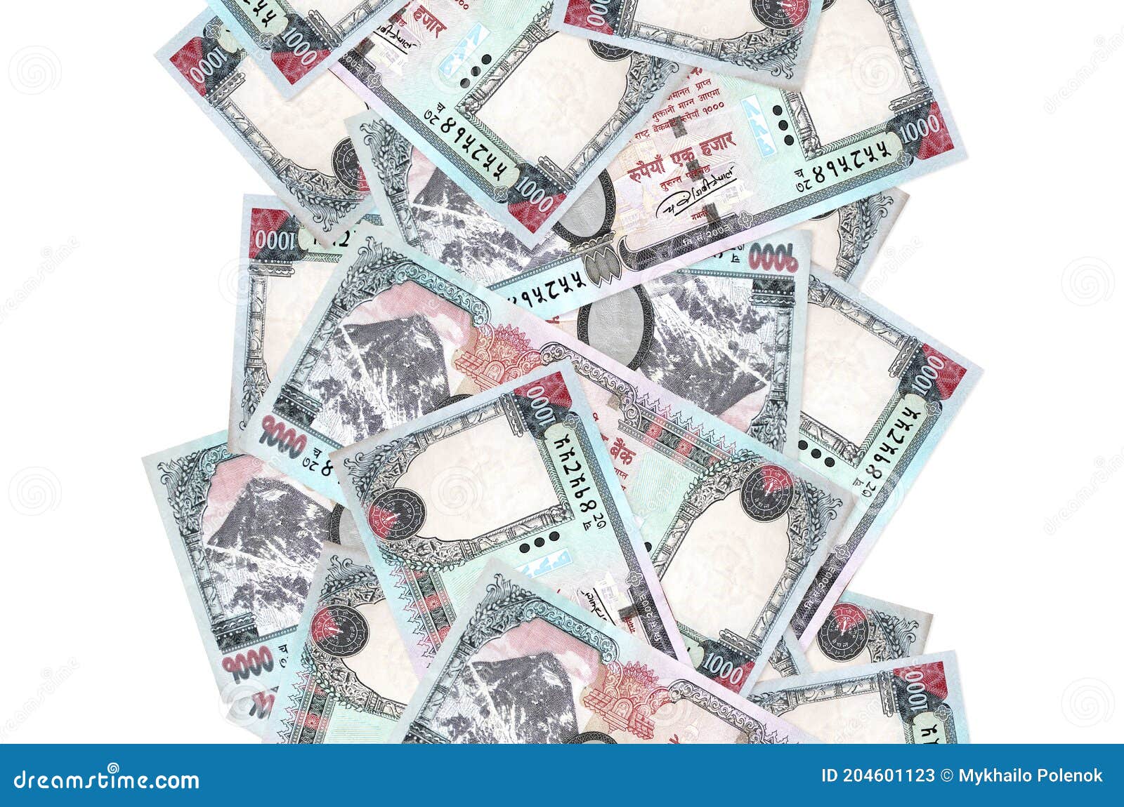 1000 Nepalese Rupees Bills Flying Down Isolated on White. Many ...