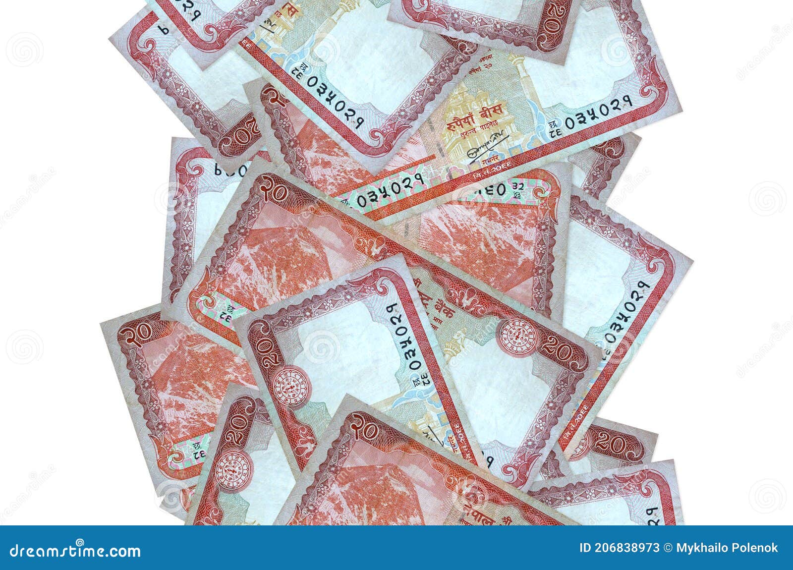 20 Nepalese Rupees Bills Flying Down Isolated on White. Many Banknotes ...
