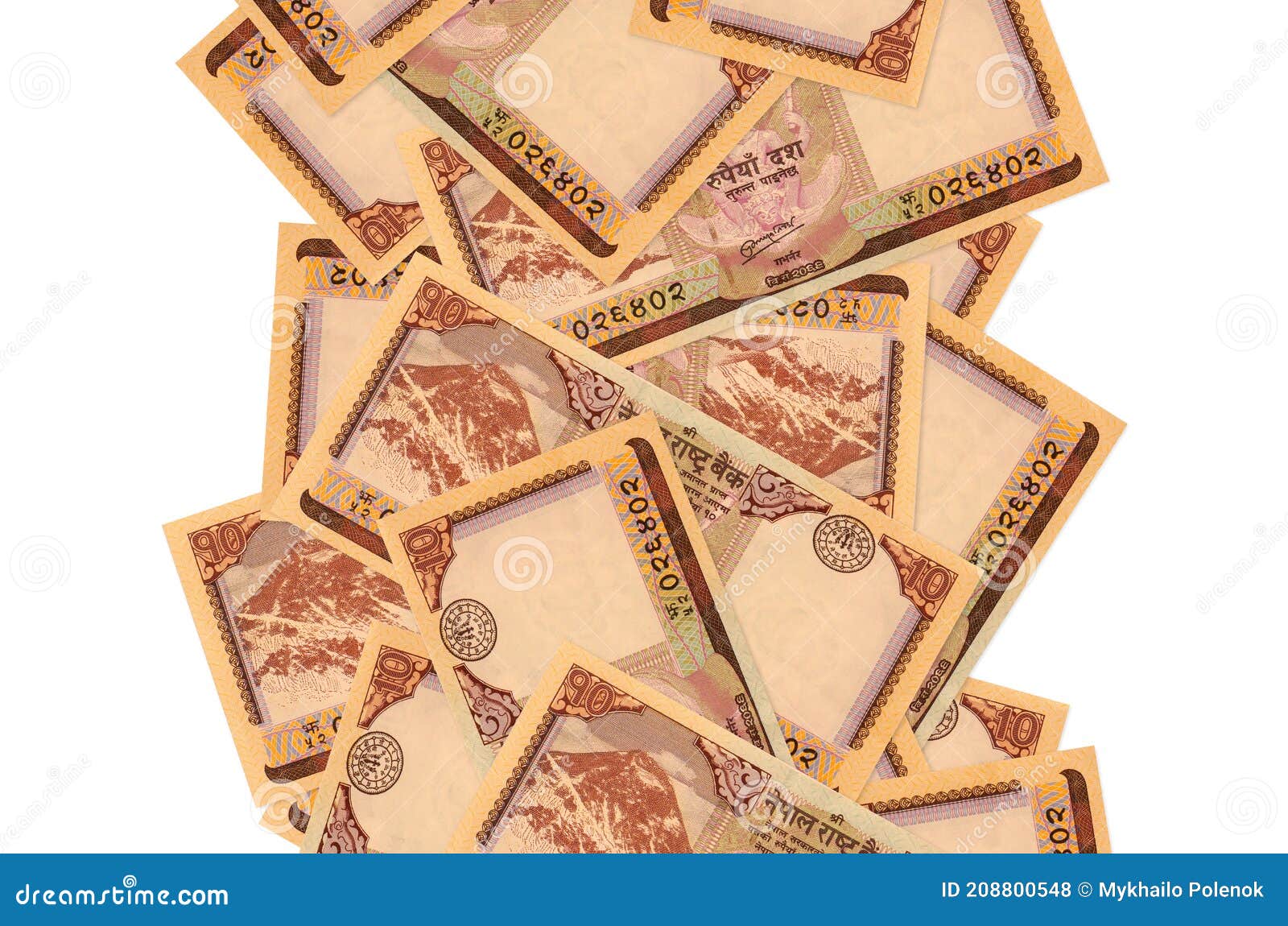 10 Nepalese Rupees Bills Flying Down Isolated on White. Many Banknotes ...