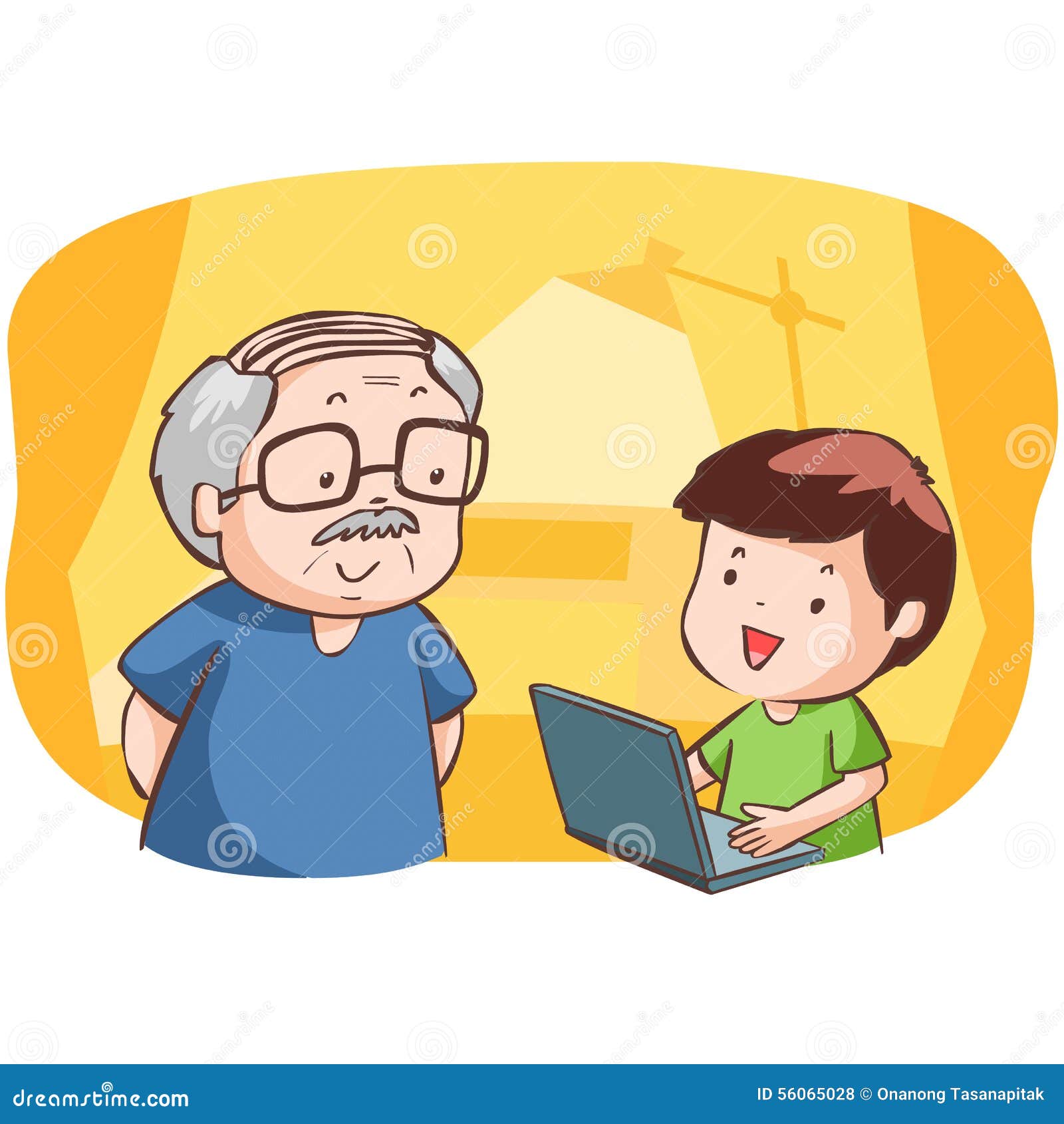 Nephew Show Grandad How To Use Computer Stock Vector - Illustration of ...