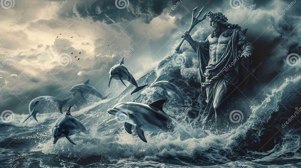 Neptune Commanding a Storm at Sea Dolphins Leaping among the Waves ...
