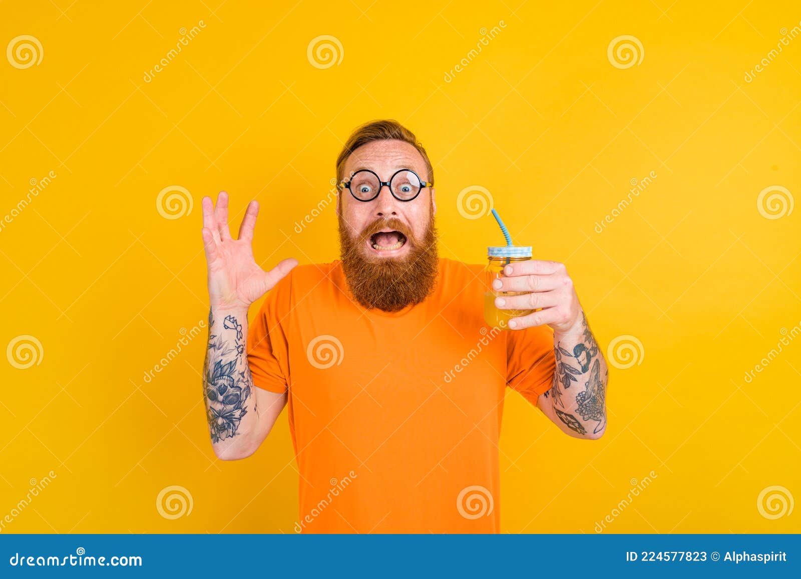 Nerd Afraid Man with Glasses Drinks a Fruit Juice Stock Image - Image ...