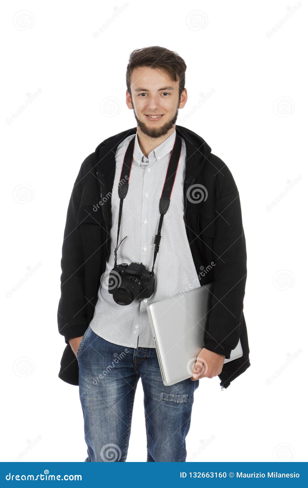 Nerd Boy with Camera Around His Neck and Computer Under His Arm Stock ...