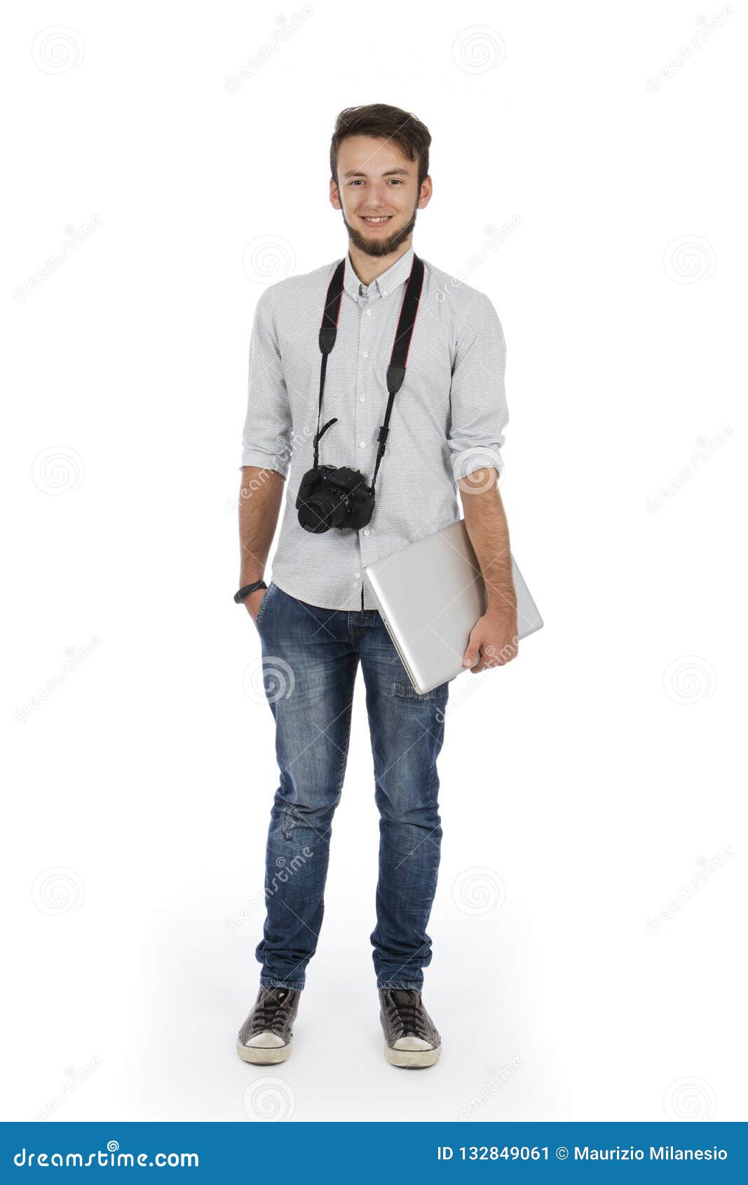 Nerd Boy with Camera Around His Neck and Computer Under His Arm Stock ...