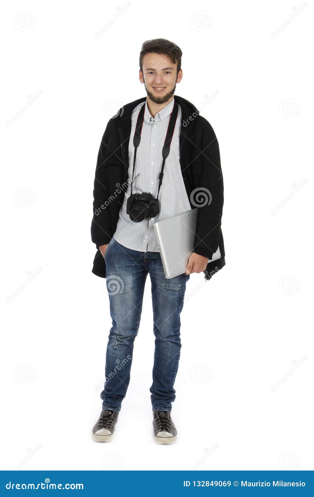 Nerd Boy with Camera Around His Neck and Computer Under His Arm Stock ...