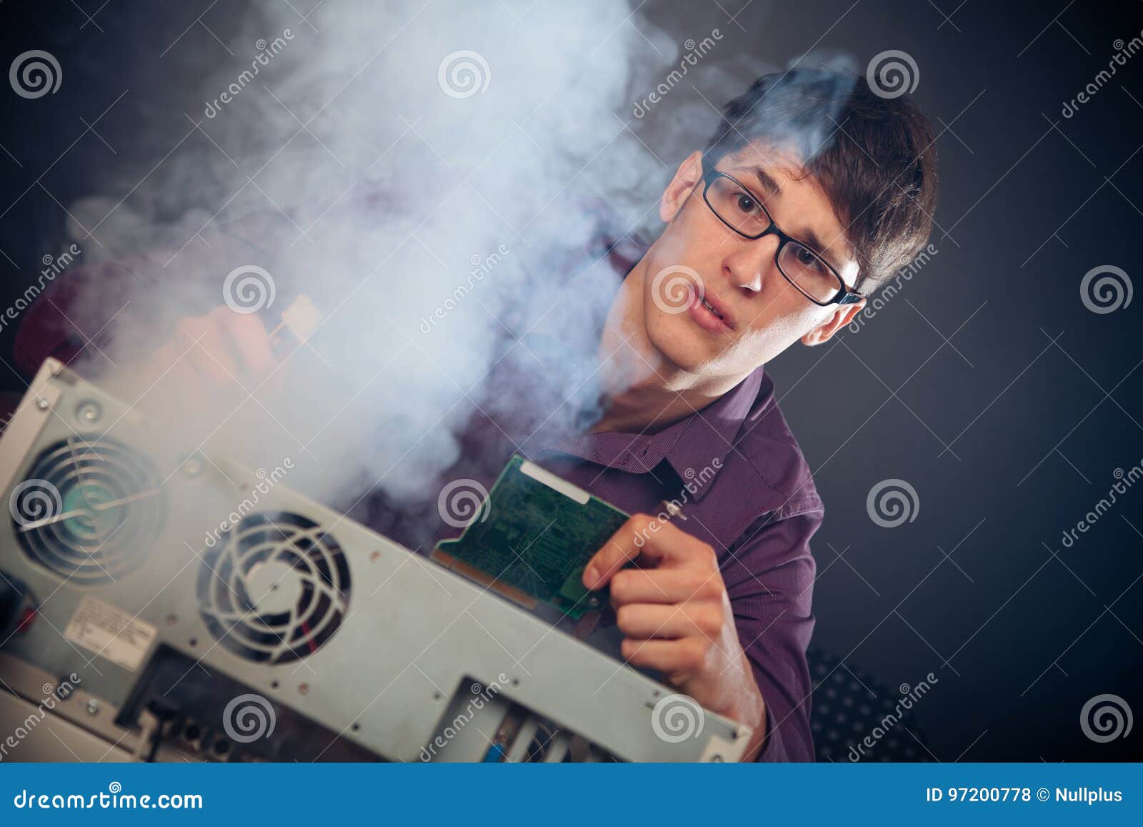 Nerd with Broken Computer stock photo. Image of horizontal - 97200778