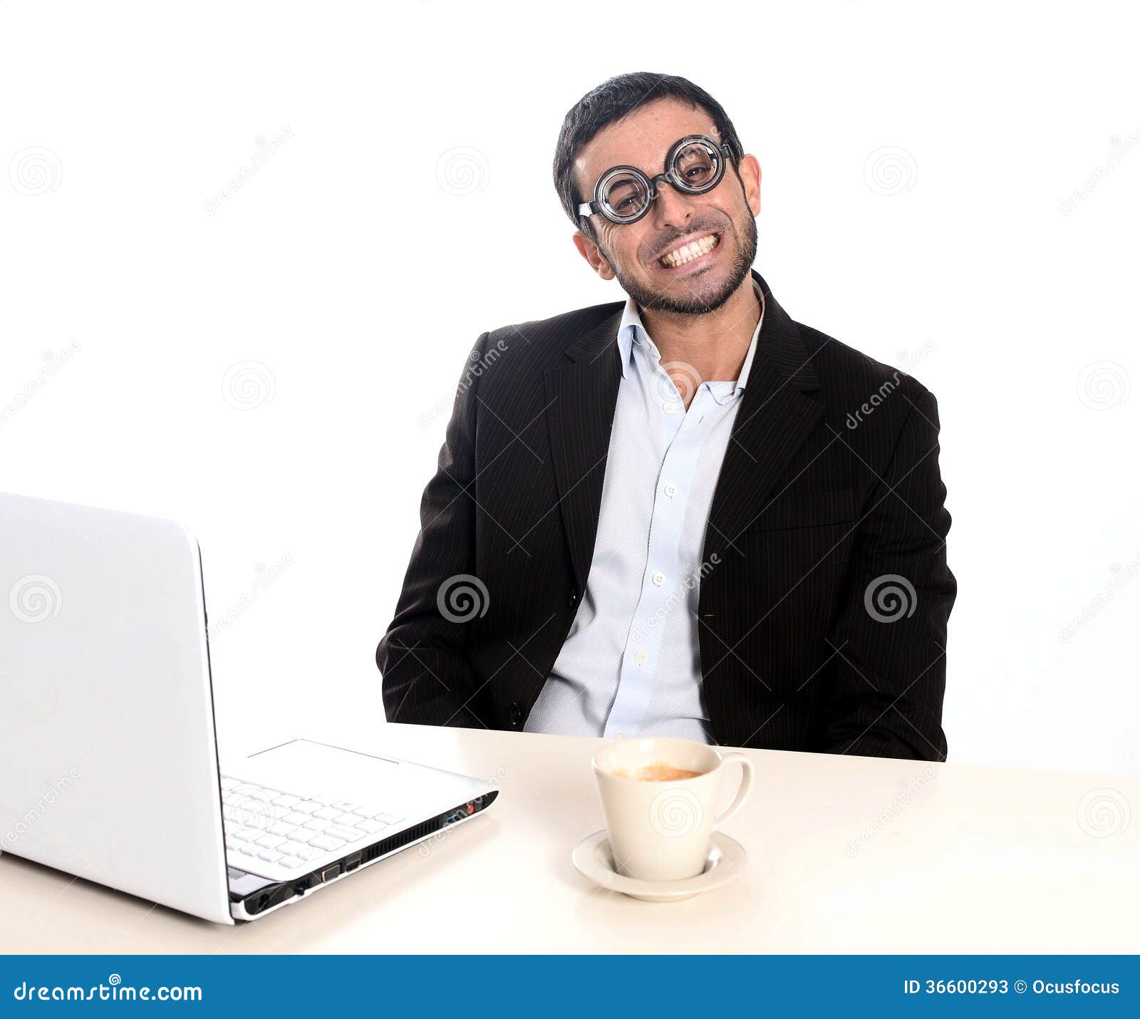 Nerd Businessman in Funny Glasses Working with Computer Stock Image ...