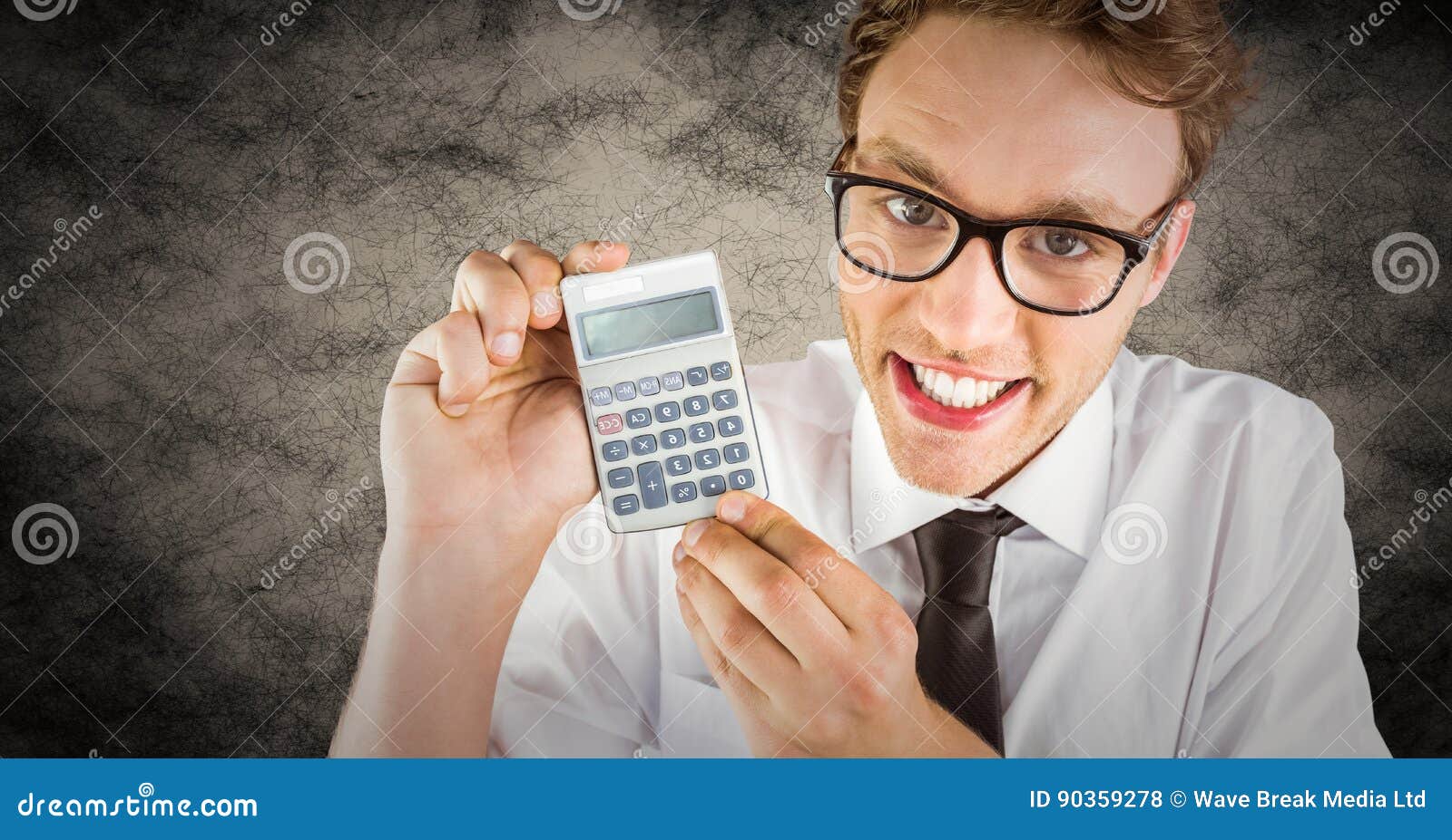 Nerd with Calculator Against Brown Grunge Background Stock Photo ...