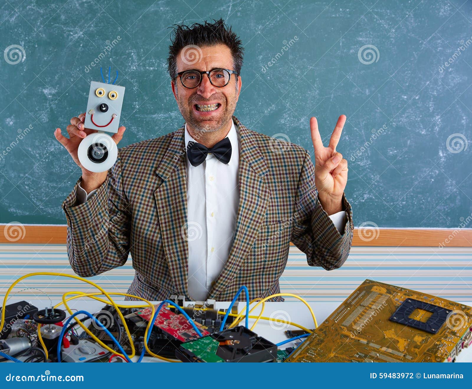Nerd Electronics Technician Silly Winner Gesture Stock Photo - Image of ...