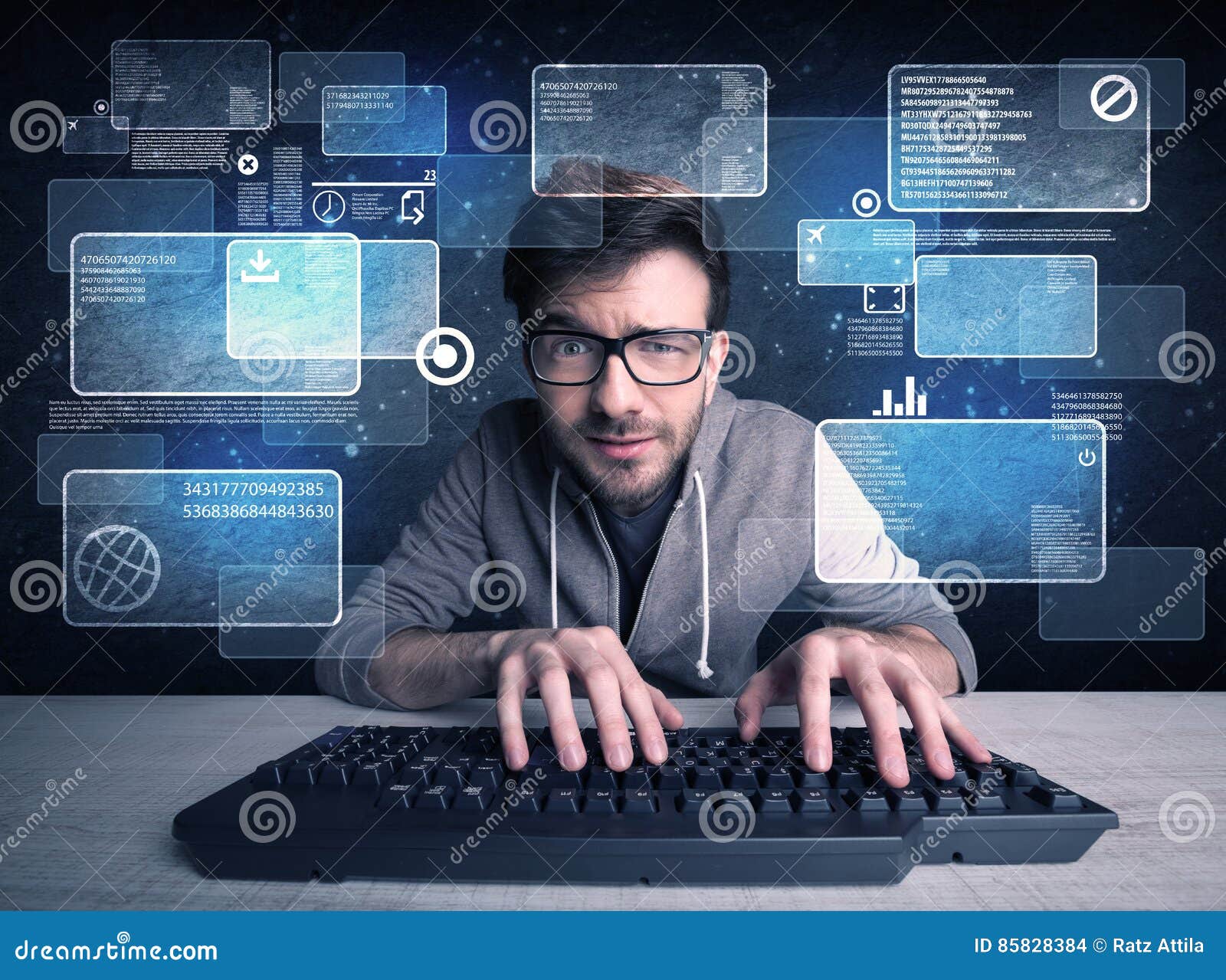 Nerd with Glasses Hacking Websites Stock Photo - Image of male, digital ...