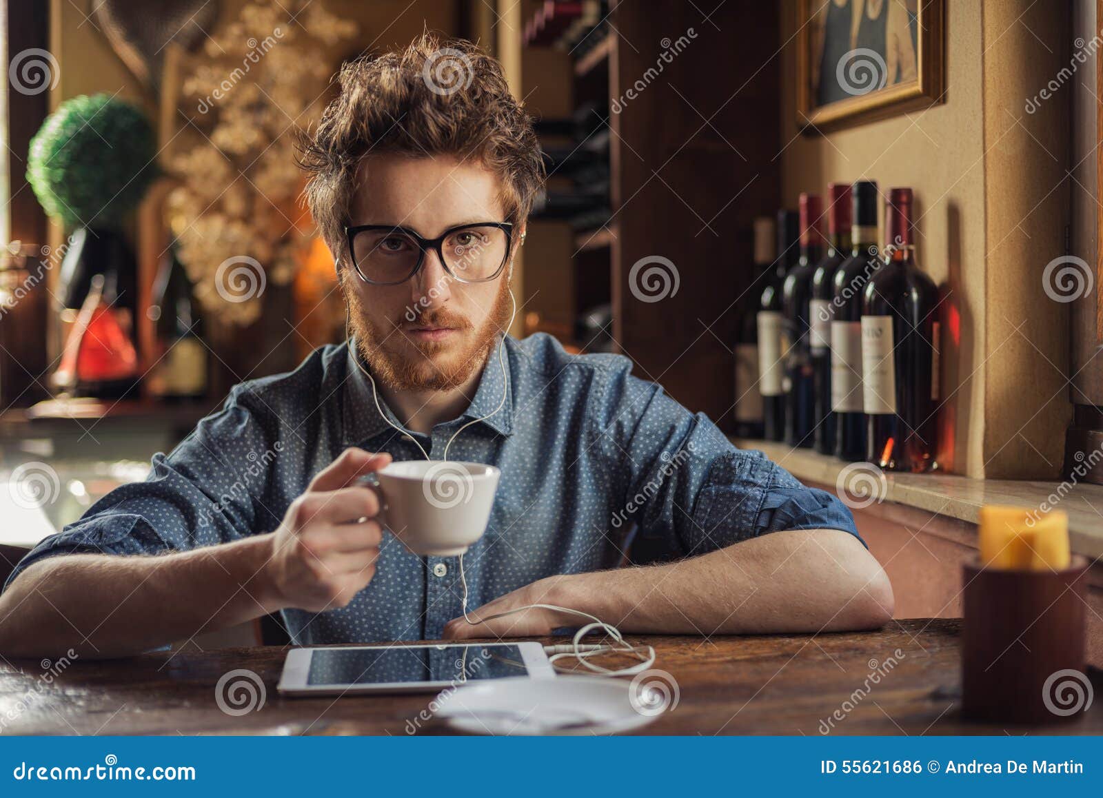 Nerd Guy with Tablet at the Bar Stock Photo - Image of glasses, relax ...
