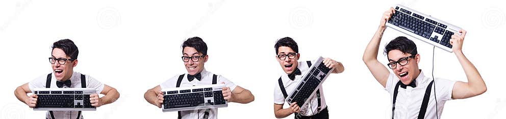 The Nerd Hacker with Computer Keyboard on White Stock Photo - Image of ...