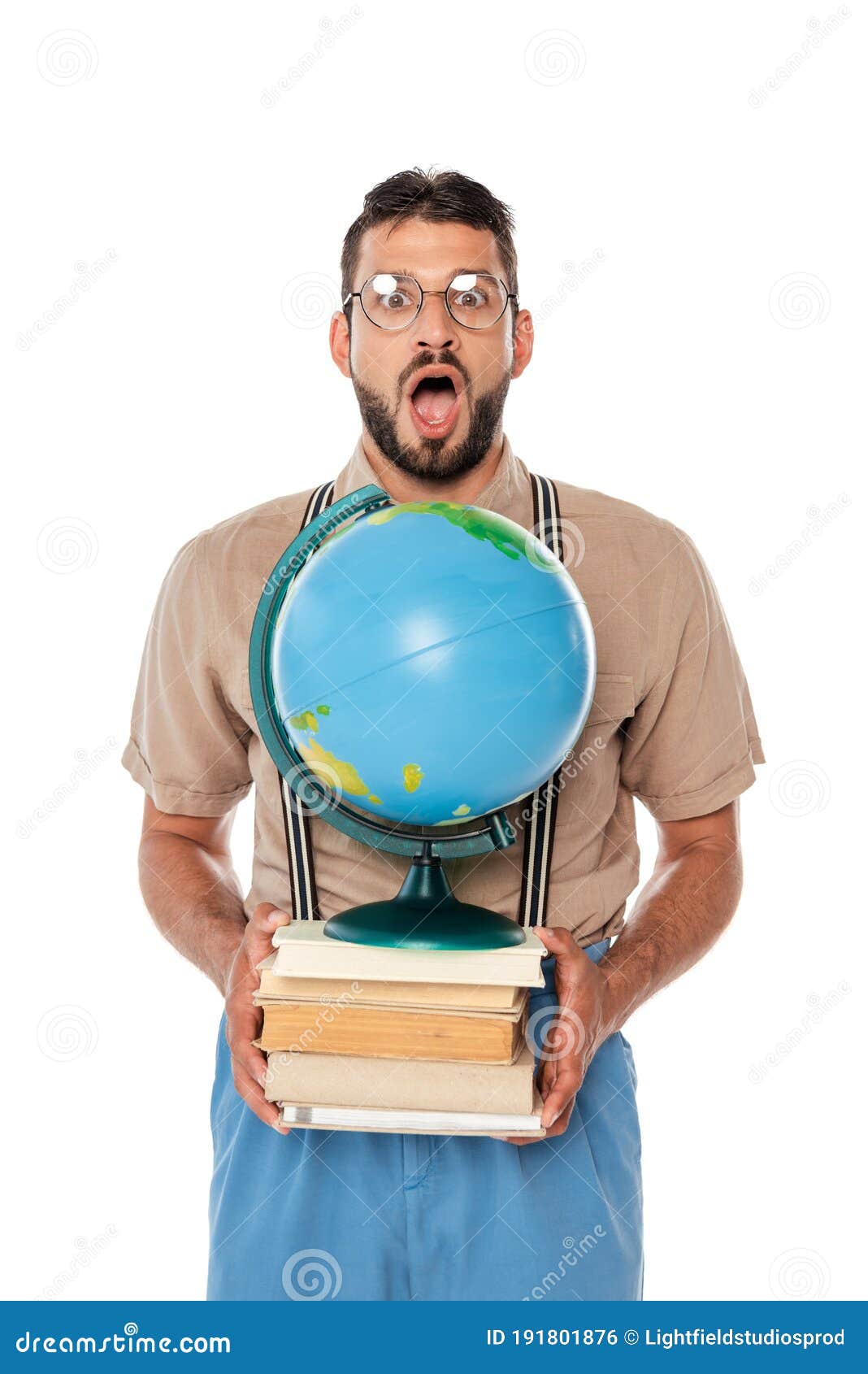 Nerd Looking at Camera while Holding Globe and Books Isolated on White ...