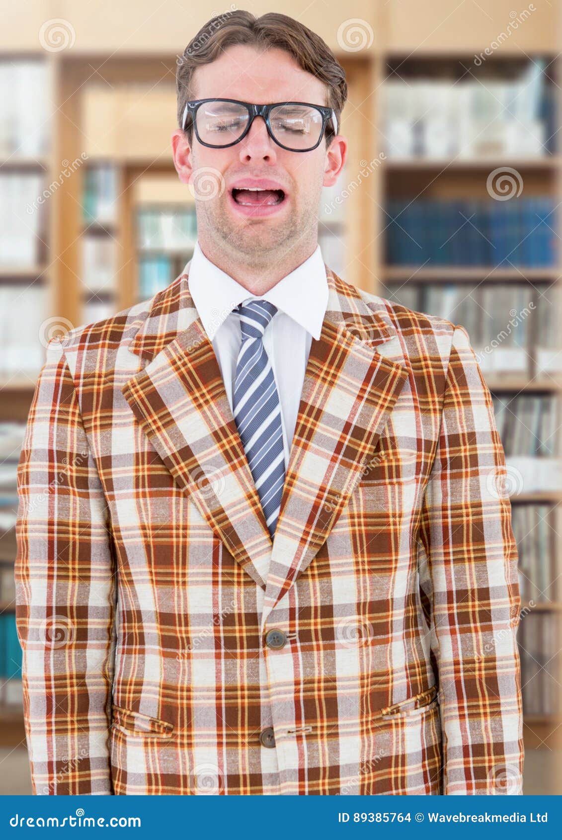 Nerd Man Crying Against Library Bookshelves Stock Photo - Image of male ...