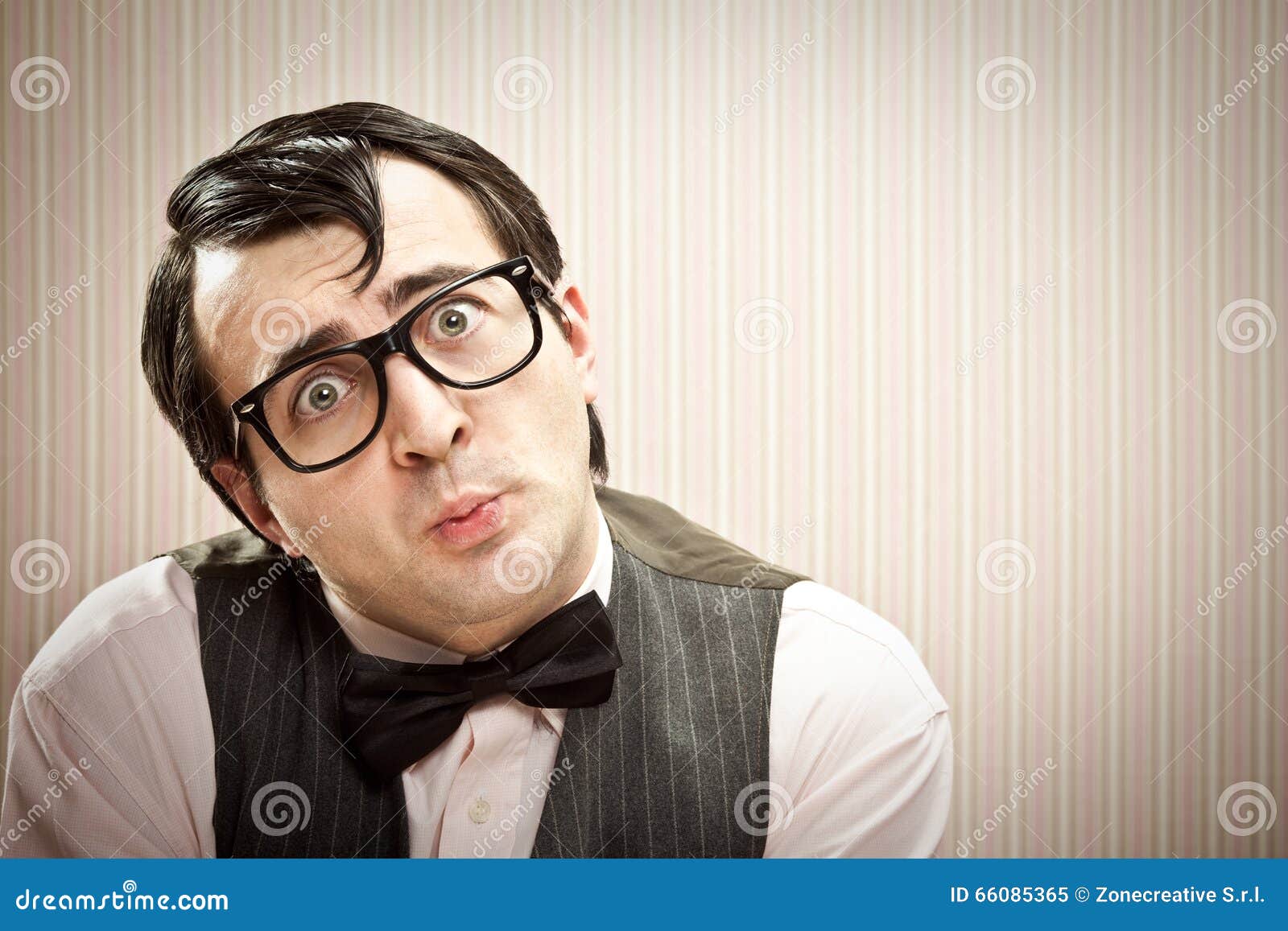 Close Up Of Nerd Woman Thinking Against Blurry Wood Panel Stock Photo ...