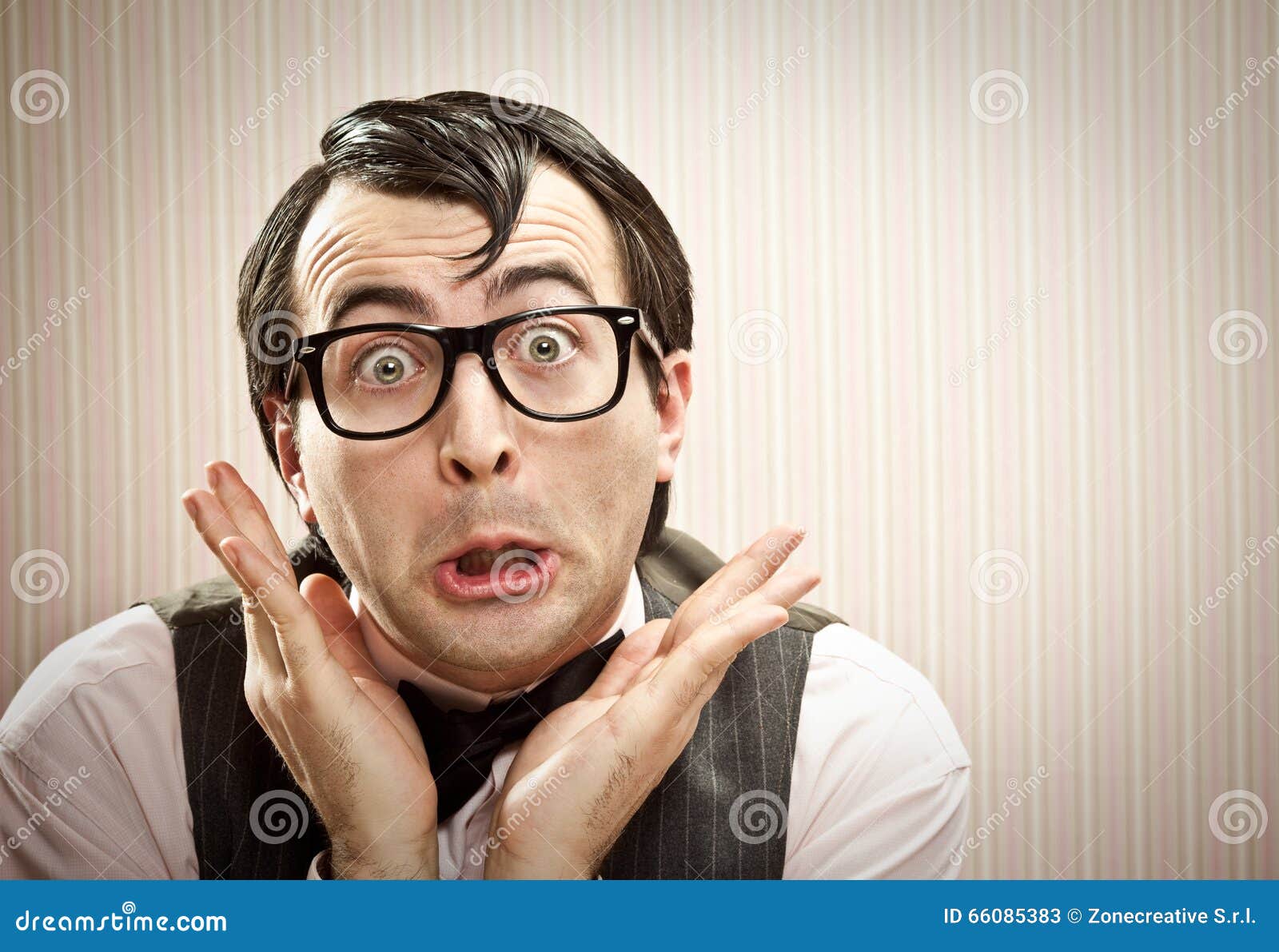 Close Up Of Nerd Woman Thinking Against Blurry Wood Panel Stock Photo ...