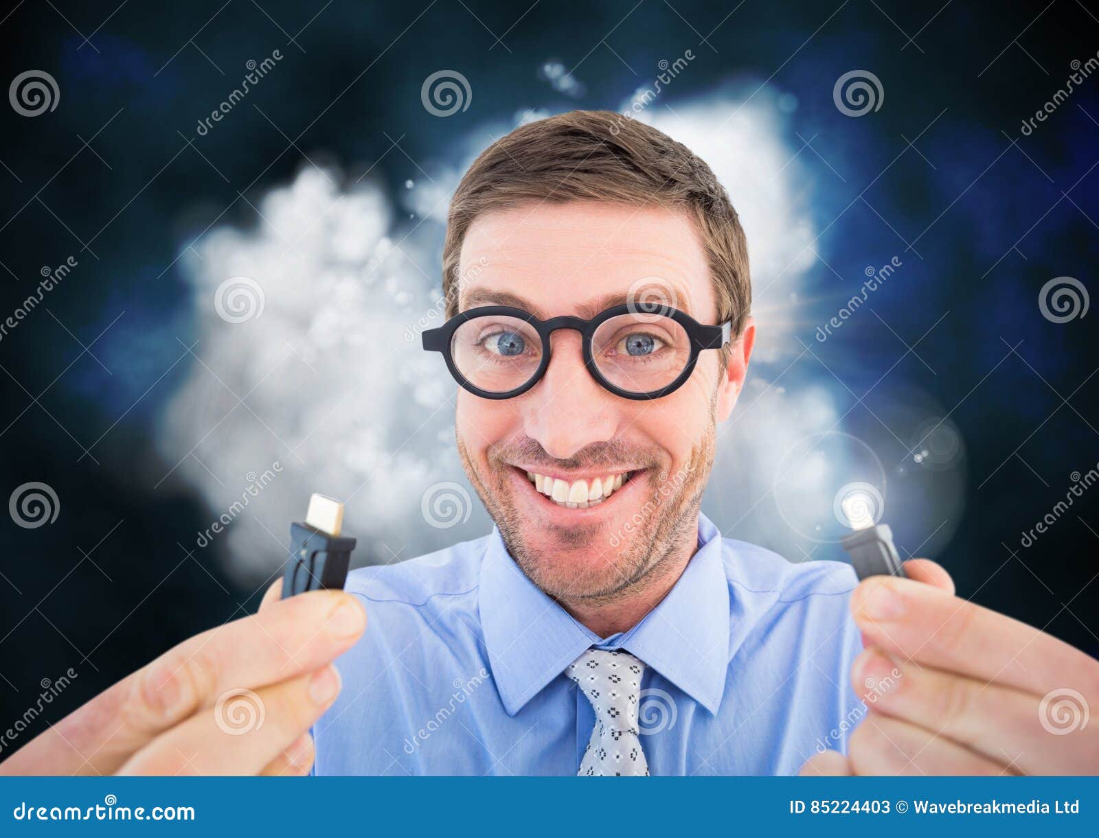 Nerd Man Holding Cable with Flare Against Digitally Generated Cloud ...