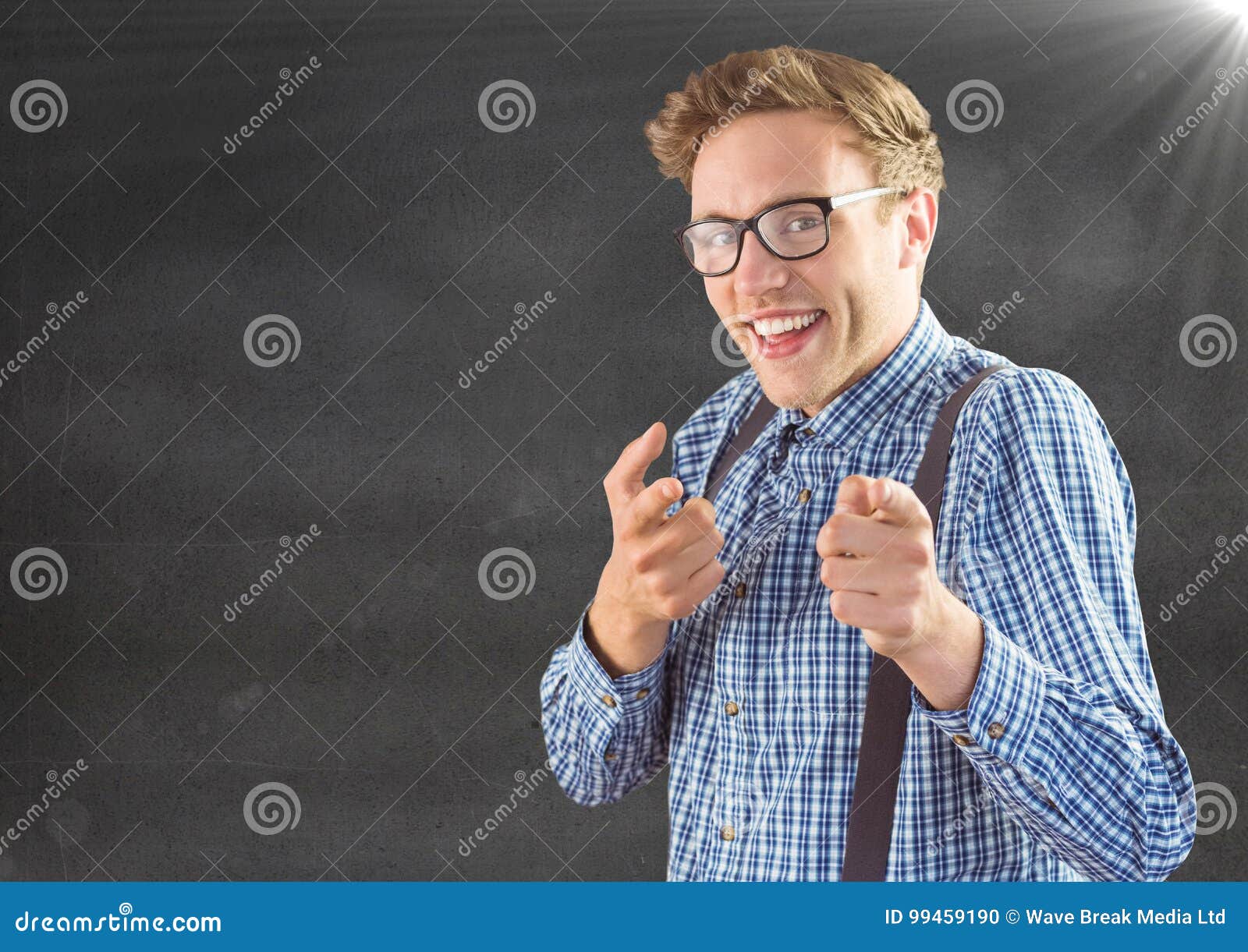 Nerd Man Pointing Against Grey Wall with Flare Stock Photo - Image of ...
