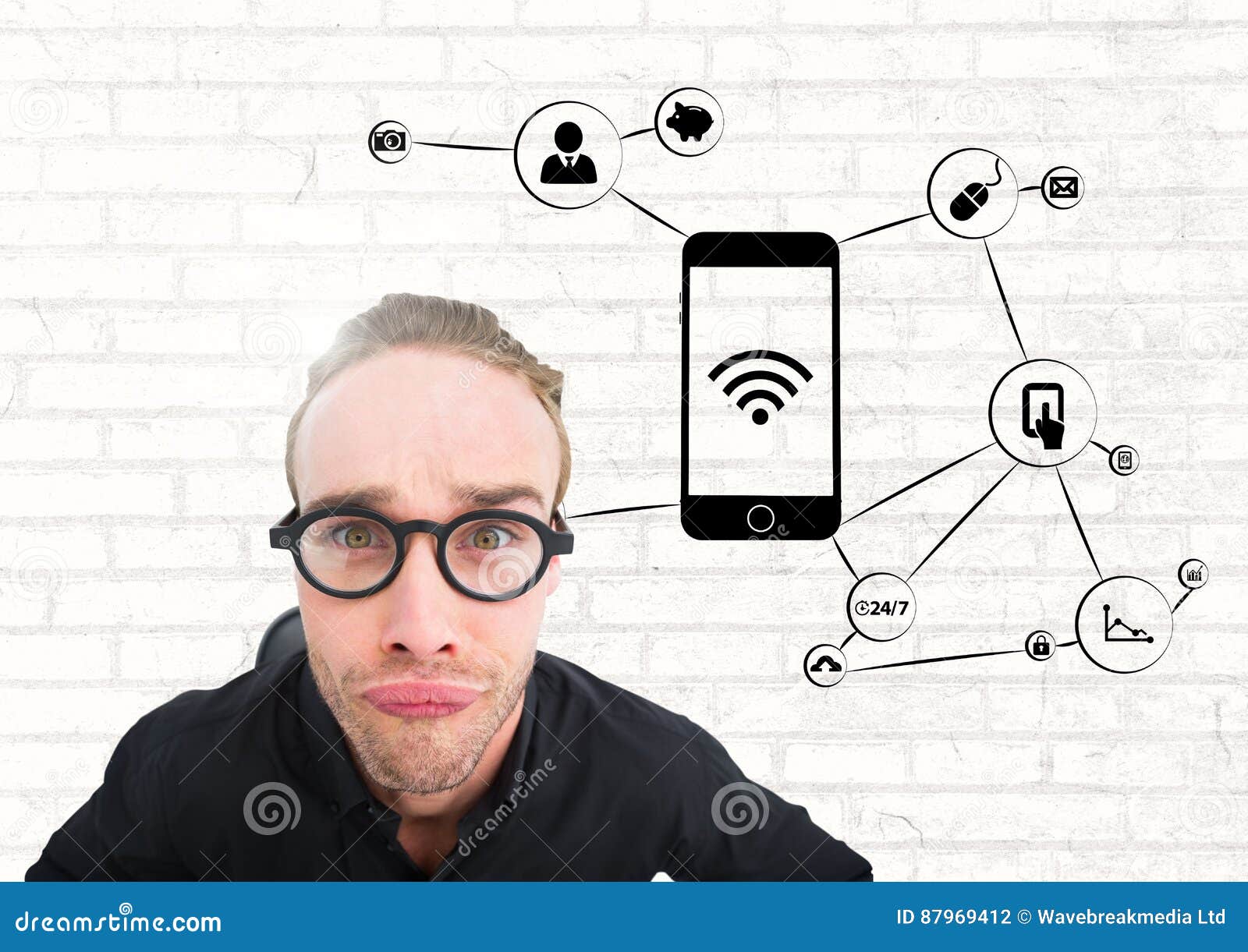 Nerd Man with Smartphone and Application Icons Stock Photo - Image of ...