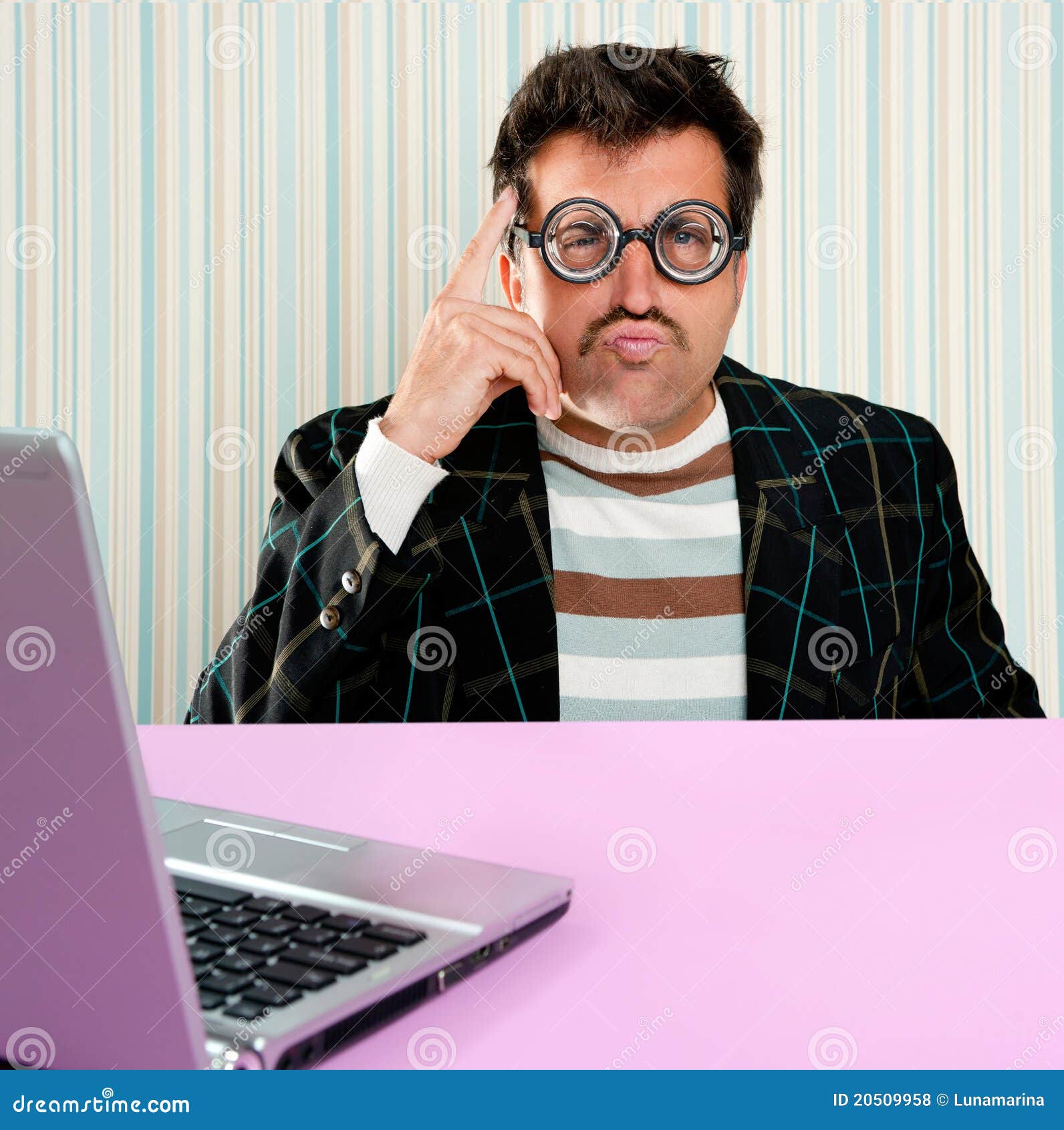 Nerd Pensive Man Glasses Silly Expression Laptop Stock Photo - Image of ...