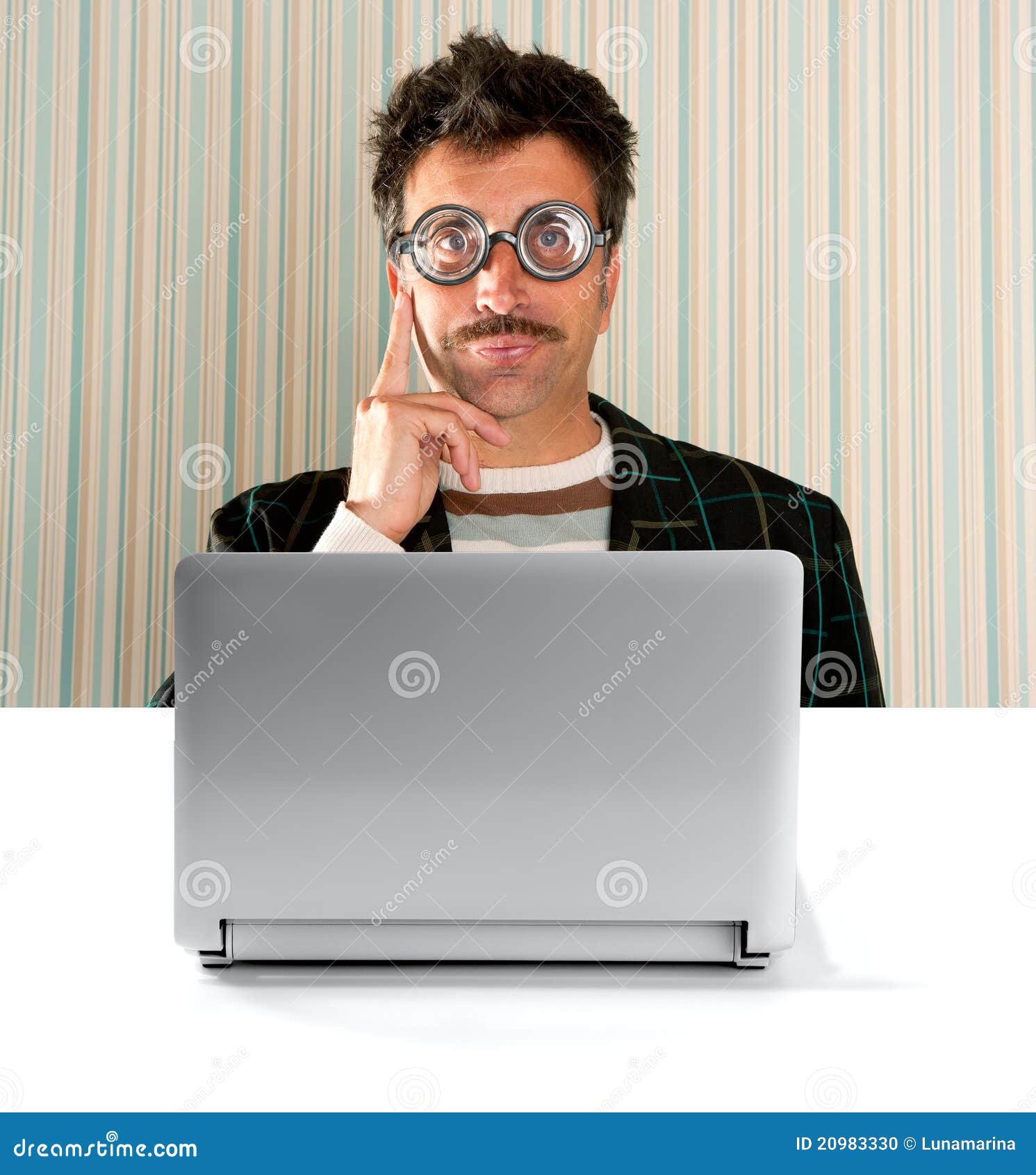 Nerd Pensive Man Glasses Silly Expression Laptop Stock Photo - Image of ...
