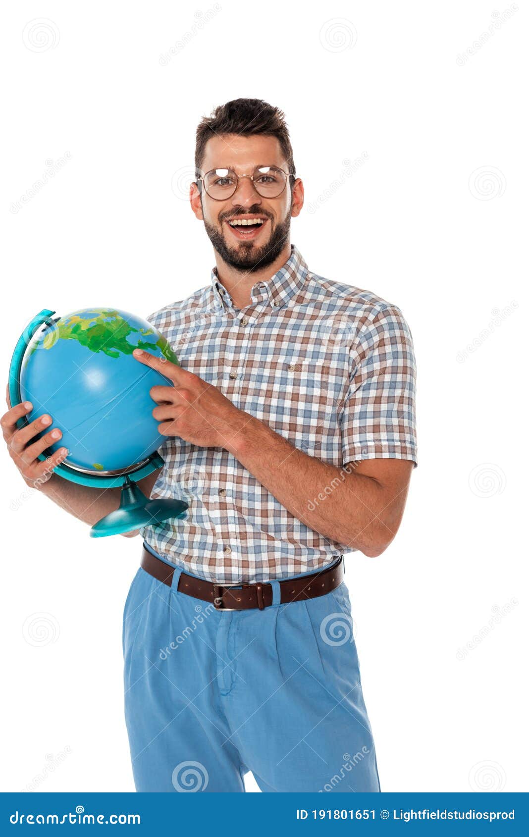 Nerd Pointing with Finger at Globe Isolated on White Stock Image ...