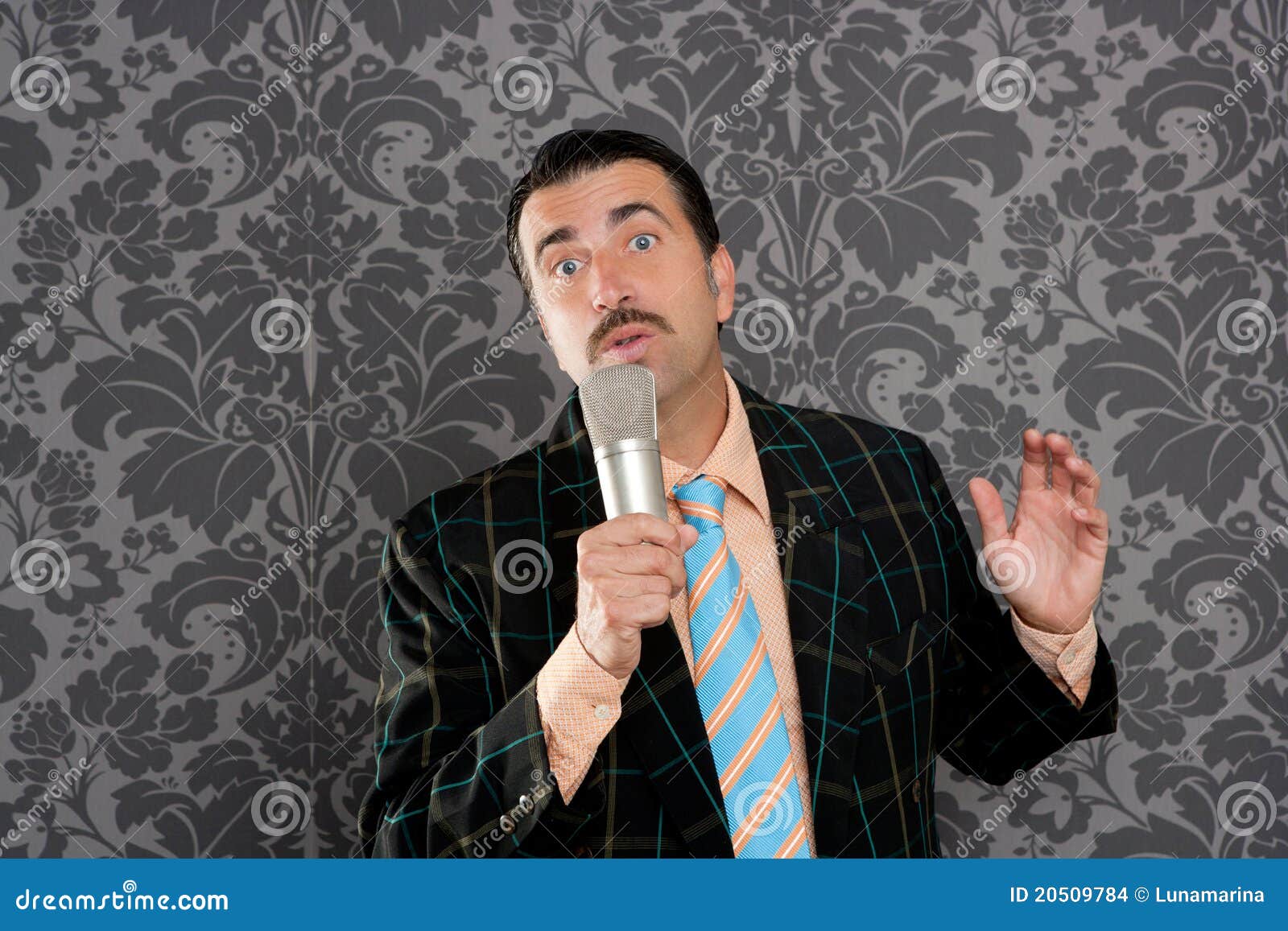 Nerd Retro Mustache Man Microphone Singing Silly Stock Photo - Image of ...
