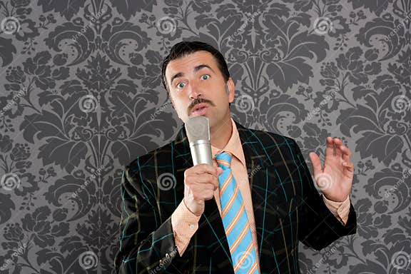 Nerd Retro Mustache Man Microphone Singing Silly Stock Photo - Image of ...