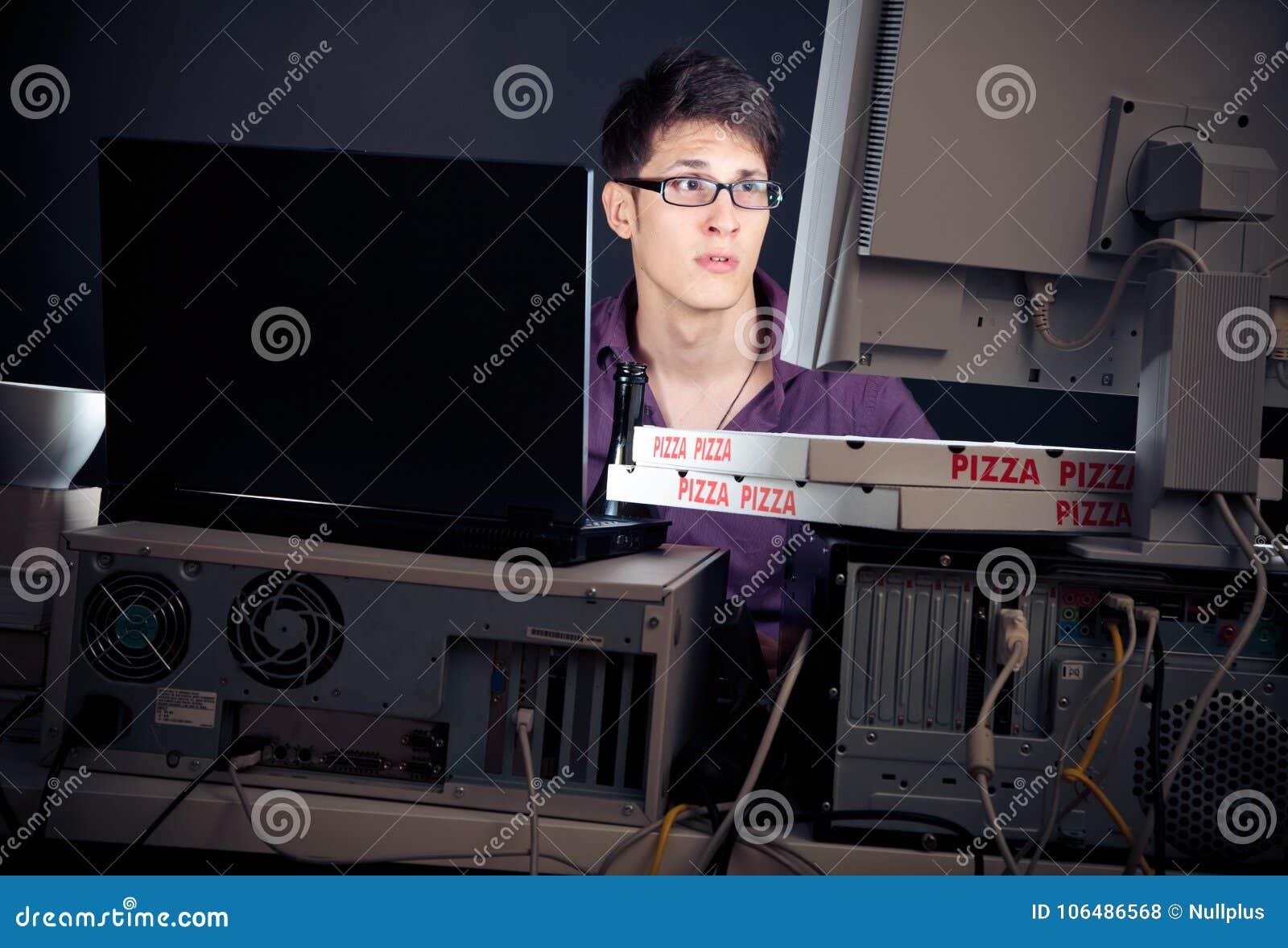 Young Man Spending His Night with Computers Stock Photo - Image of ...