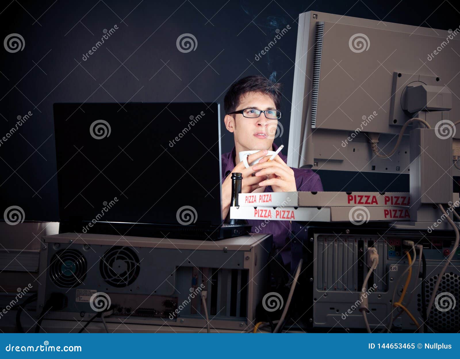 Young Man Spending His Night with Computers Stock Image - Image of ...