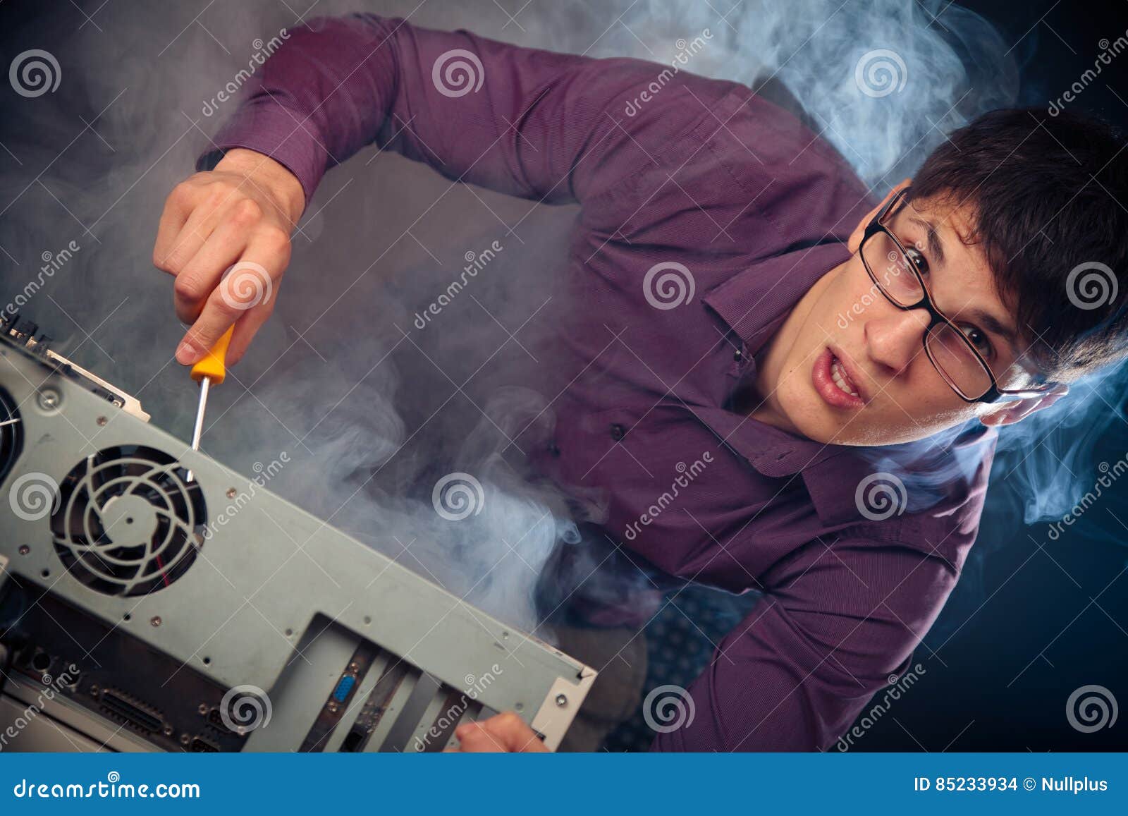Nerd with Smoke Coming Out of His Pc Stock Photo - Image of ...