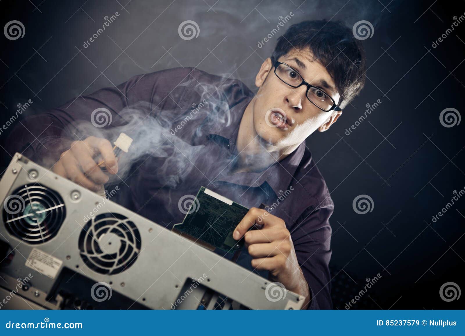 Nerd with Smoke Coming Out of His Pc Stock Image - Image of ...