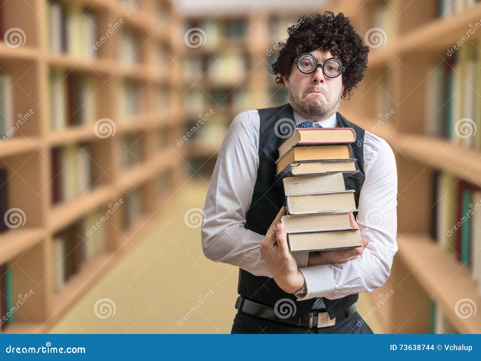 Nerd Student is Borrowing Many Books in Library Stock Photo - Image of ...