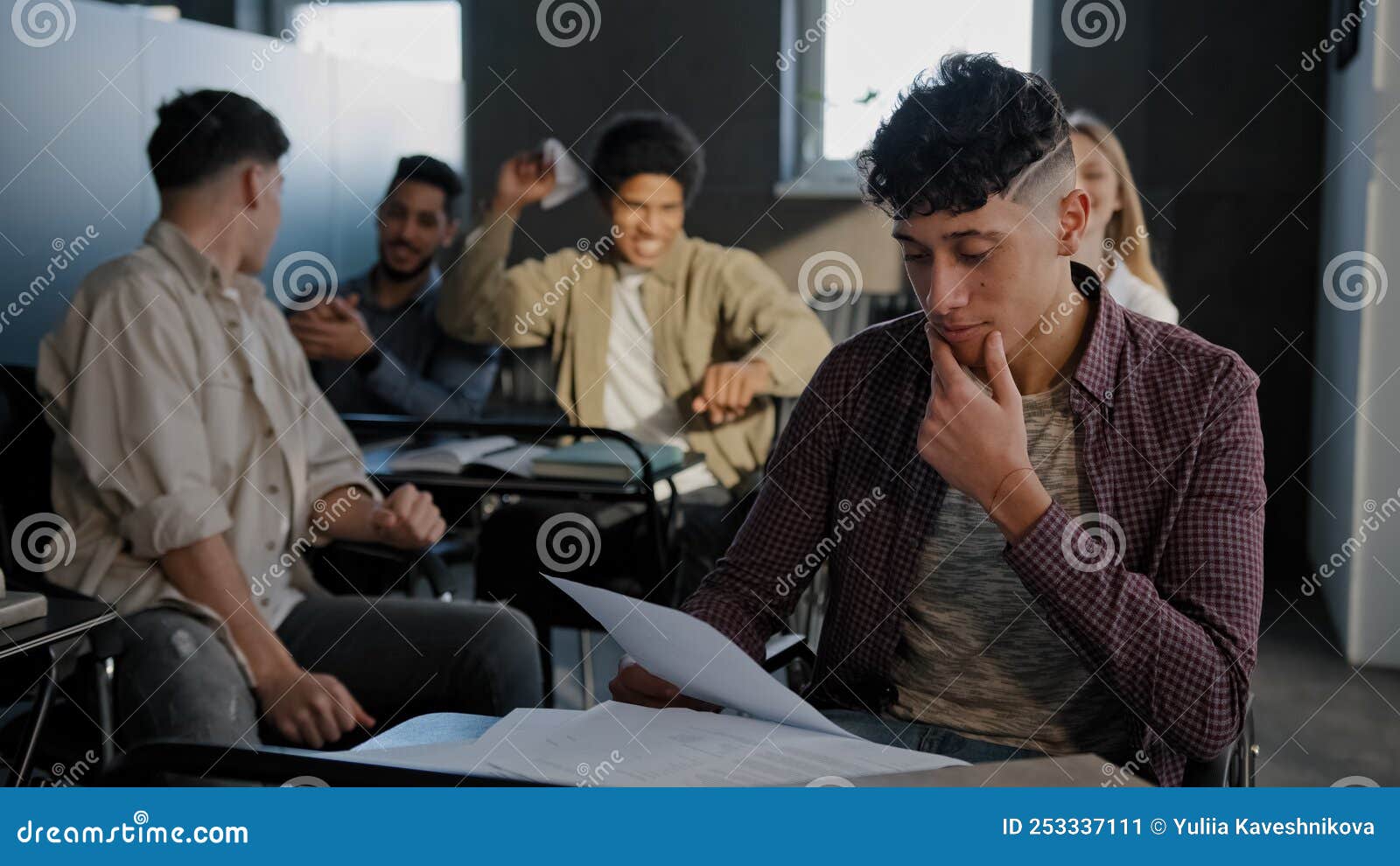 Nerd Student Sits in Classroom at Desk Alone Reads Summary Suffers from ...