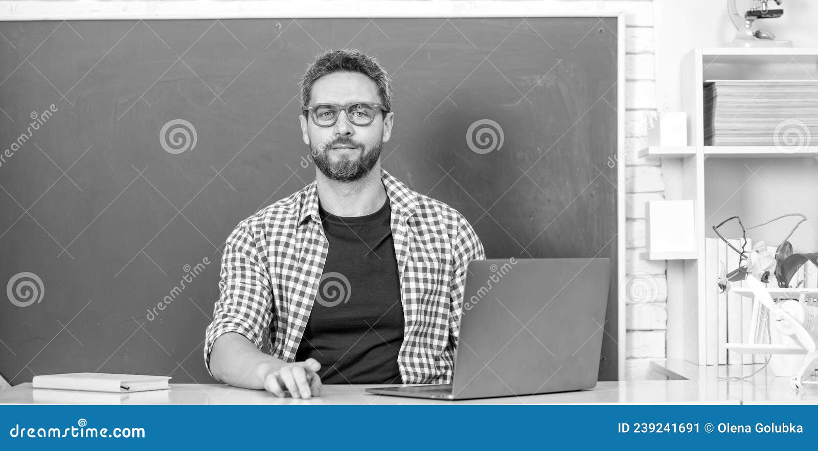 Nerd Student Study Online. Private Teacher in Classroom with Blackboard ...