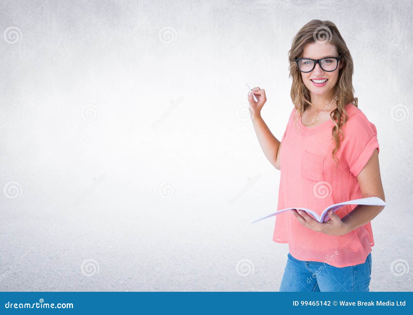 Nerd Woman with Book Writing on White Wall Stock Photo - Image of geek ...